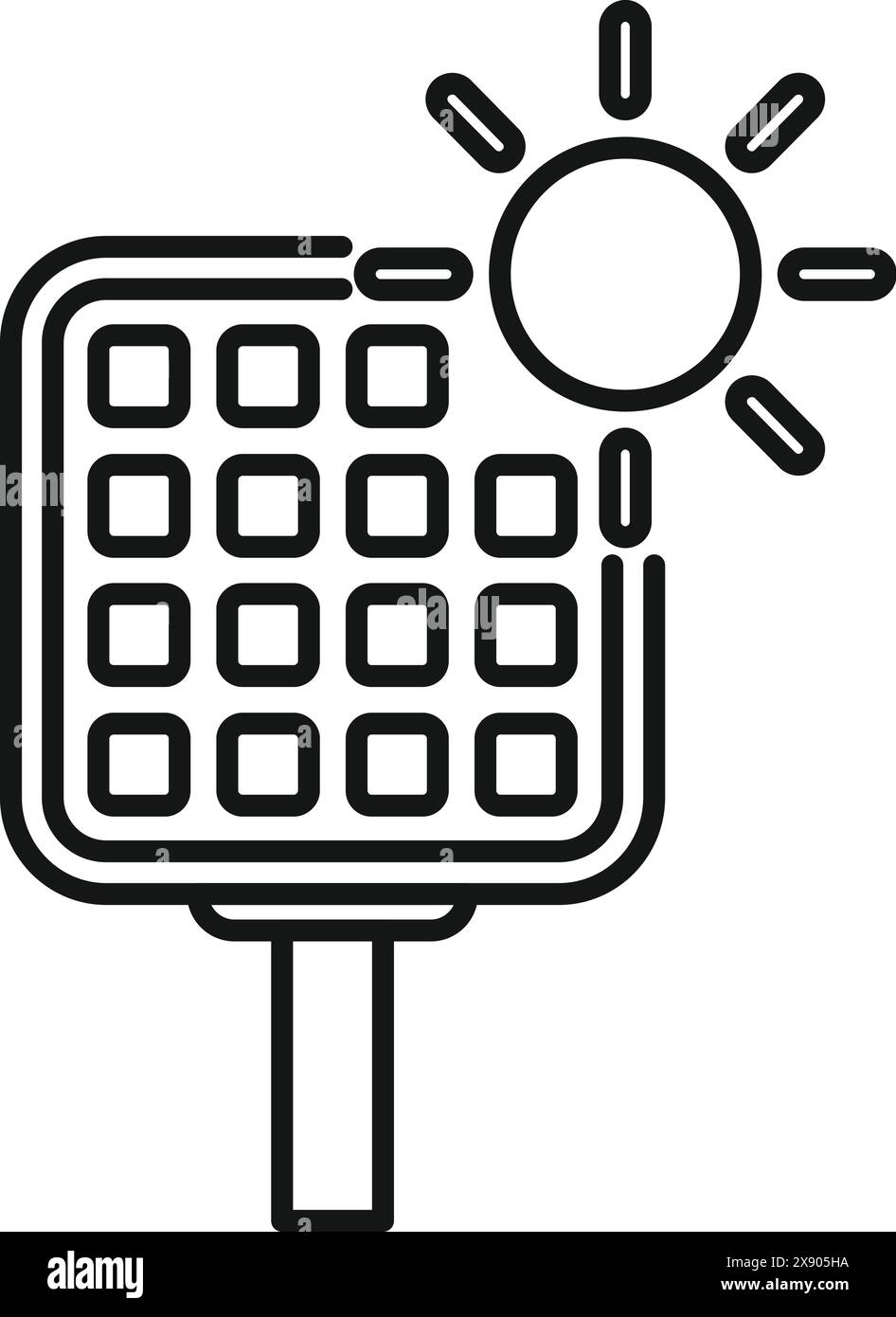 Line art icon of a solar panel with a stylized sun, representing ...