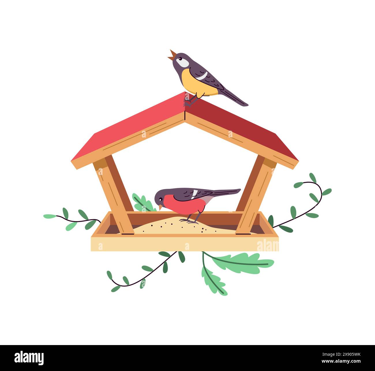 Birdfeeder with seeds and eating birds 2D cartoon illustration. Feeder ...