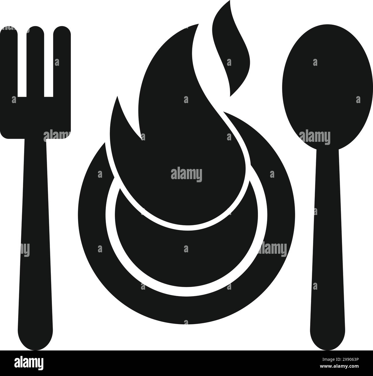 Graphic icon depicting a hot meal with flames, fork, and spoon Stock ...