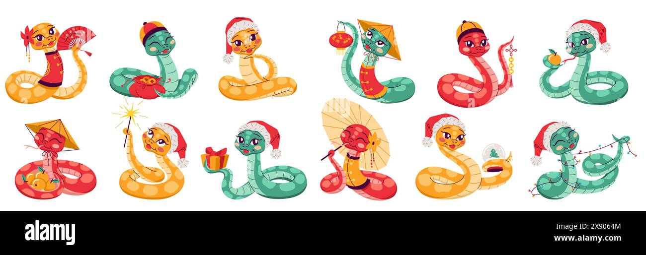 Cute snakes representing Chinese zodiac year 2D cartoon characters set ...