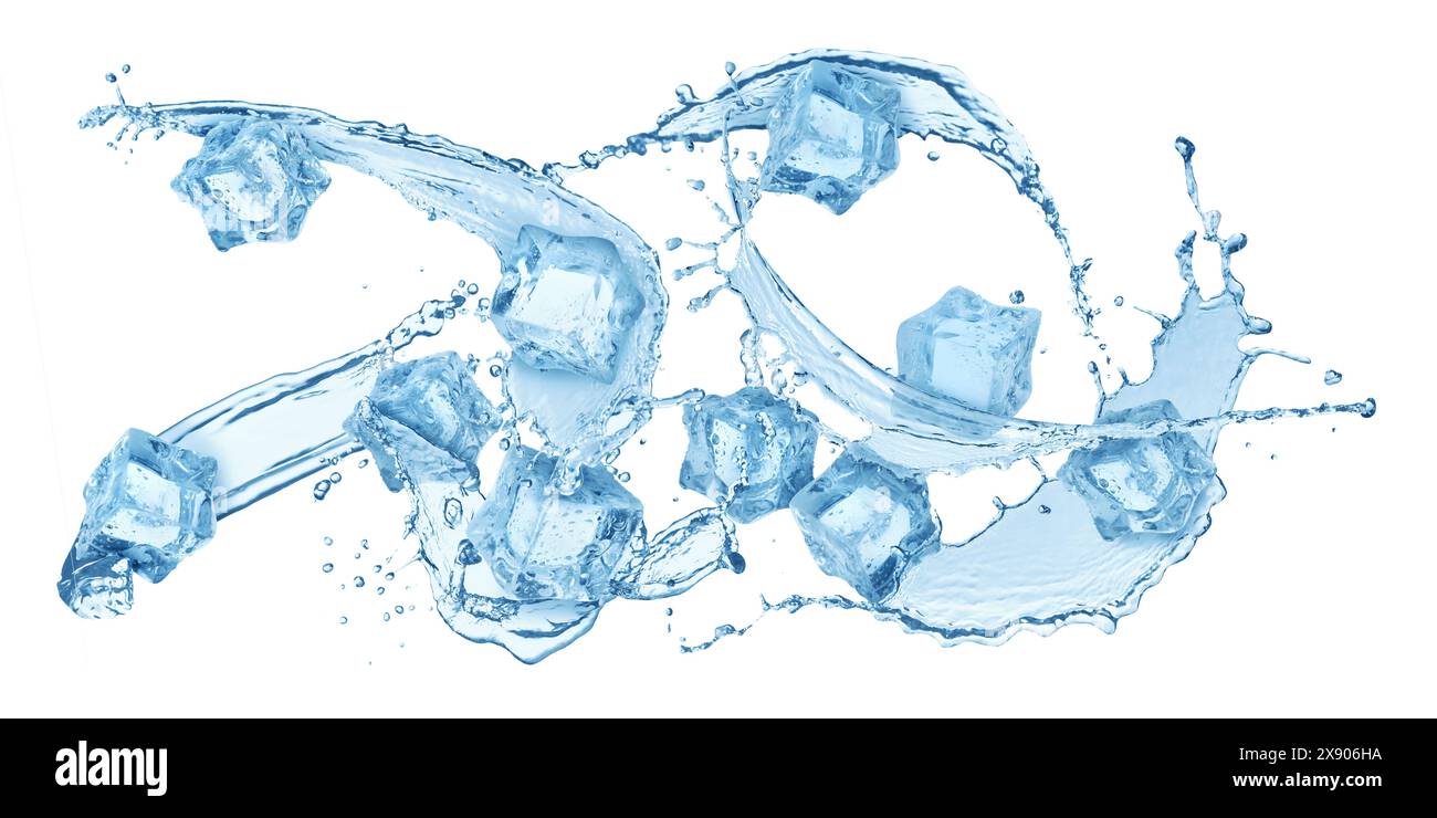 Ice cubes and splashing water in air on white background Stock Photo ...