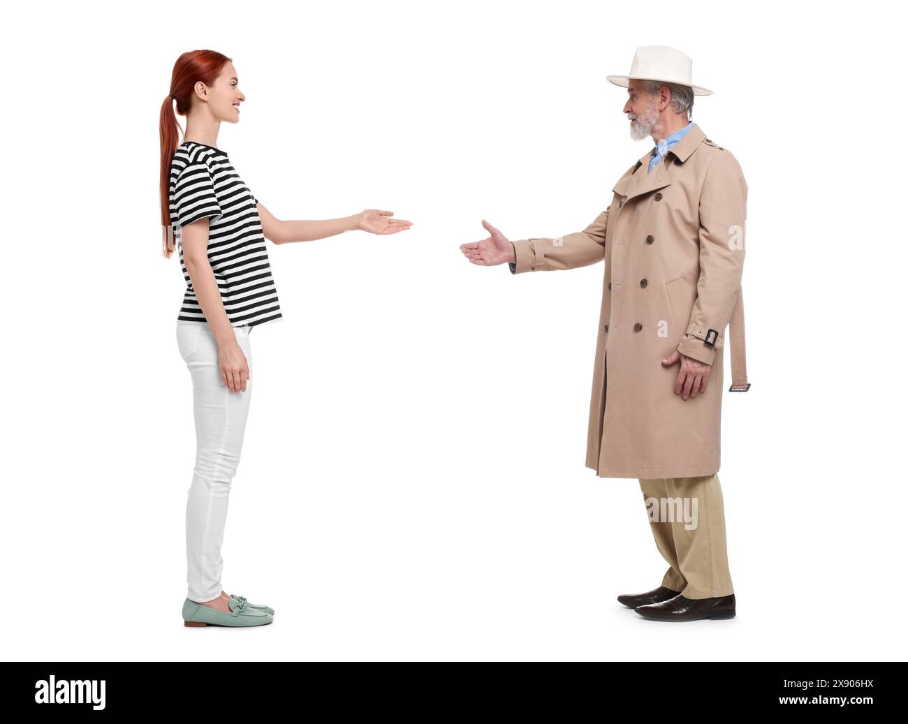 Young woman and senior man talking on white background. Dialogue Stock ...
