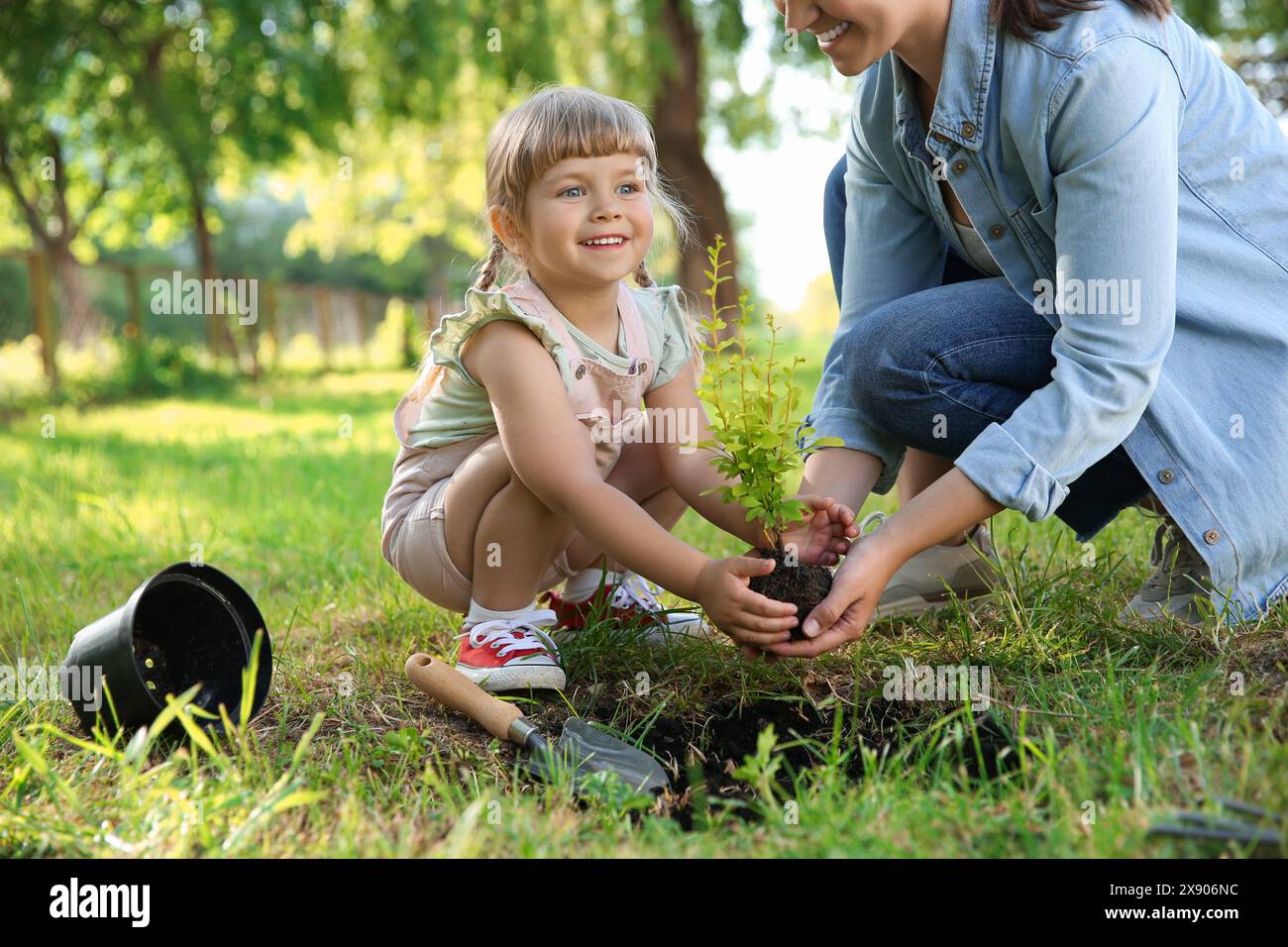 Mother and her daughter planting tree together in garden Stock Photo ...