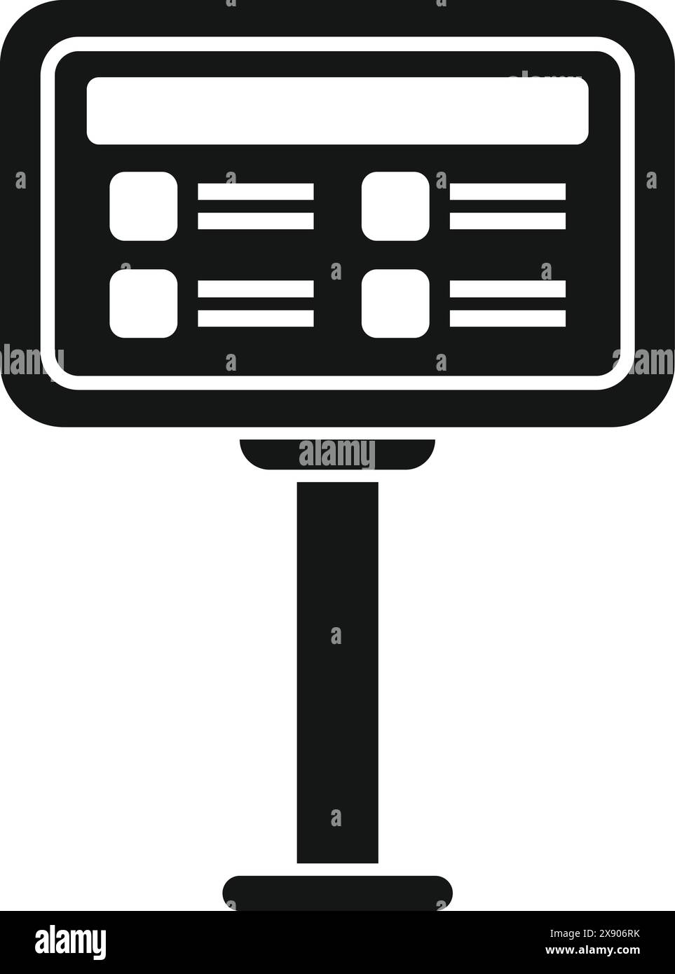 Black icon depicting a digital information display stand, commonly used in public spaces for ...