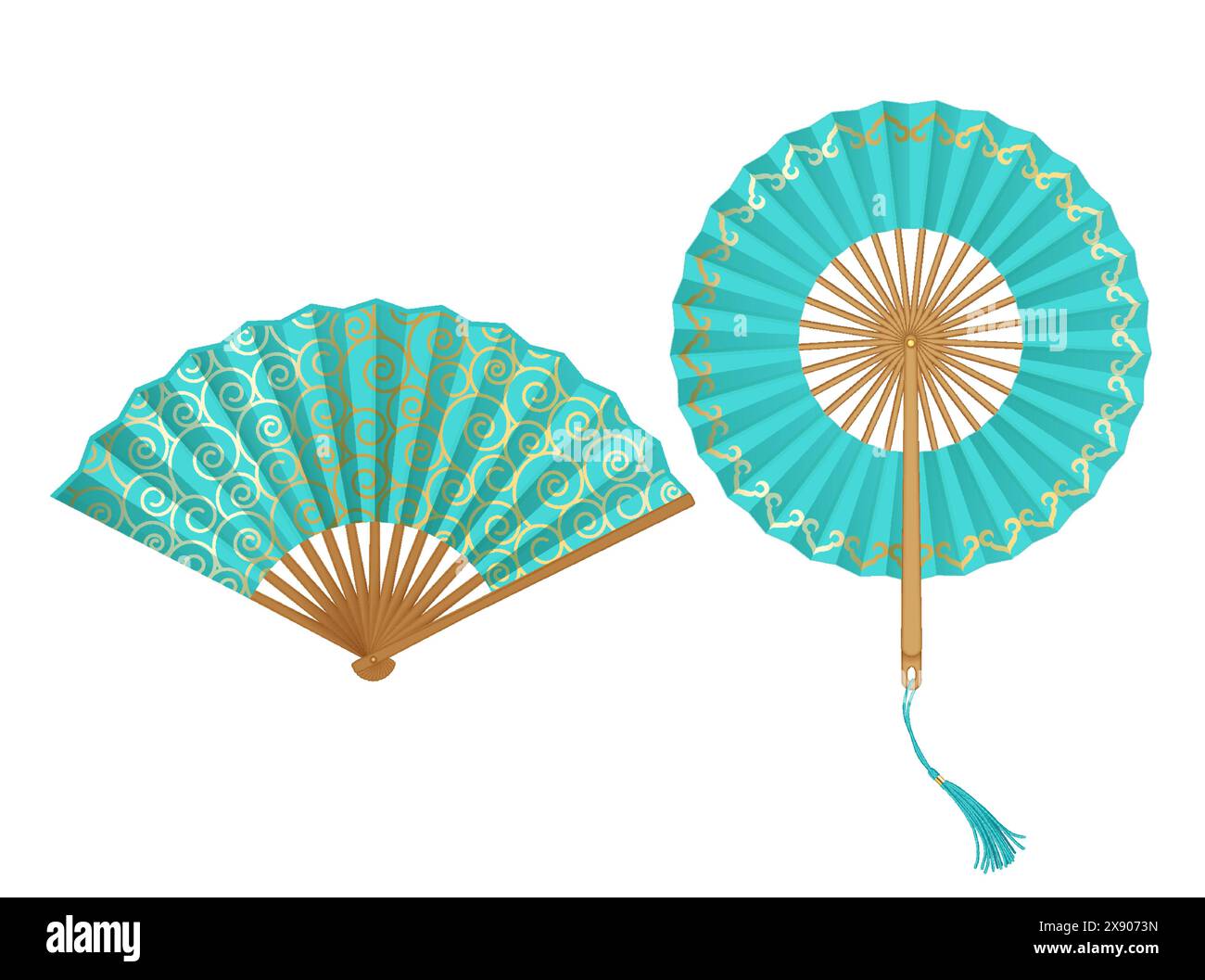 Oriental fans decorated with golden patterns realistic vector ...