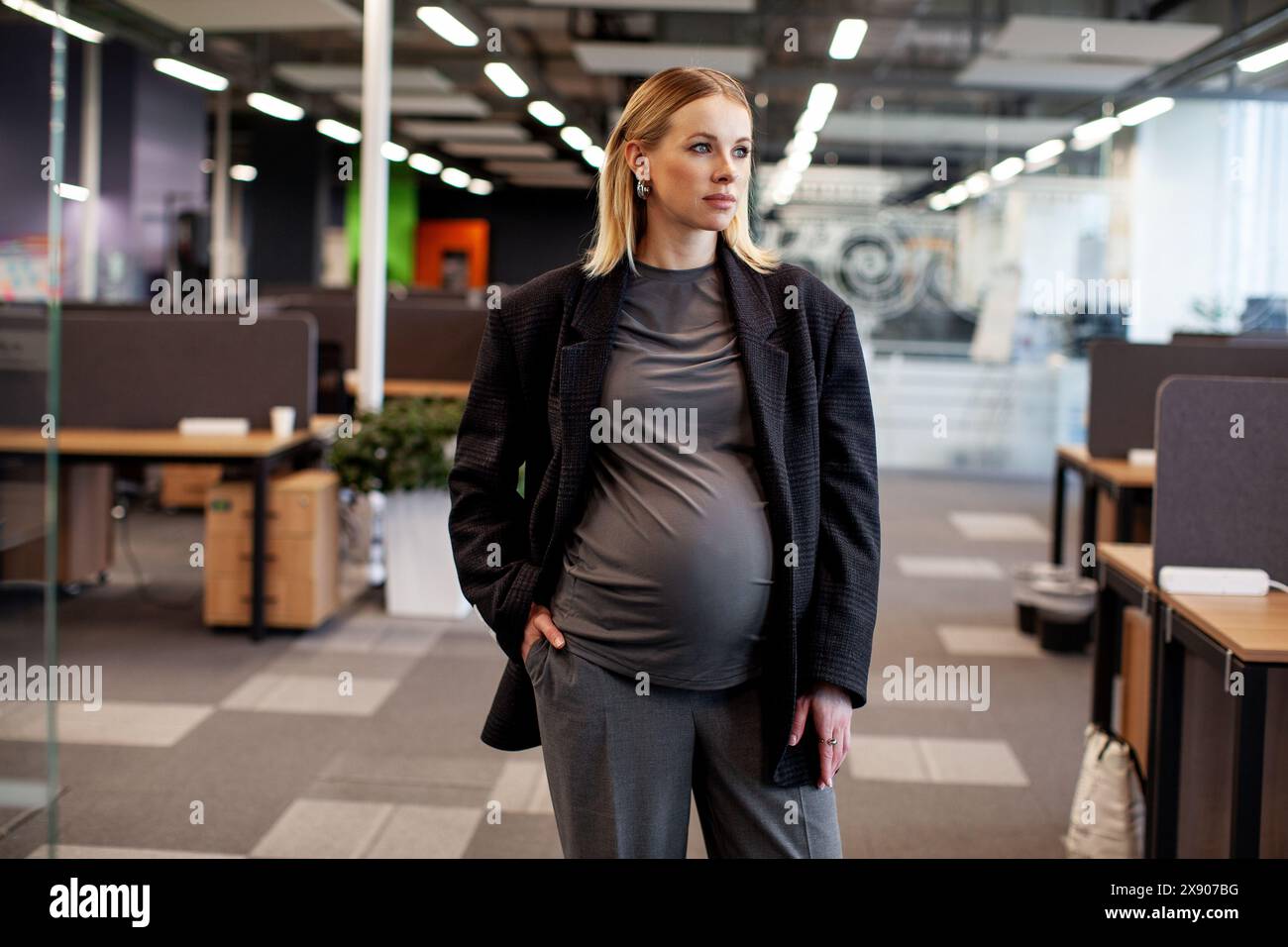 Beautiful pregnant businesswoman in an office, dressed in stylish ...