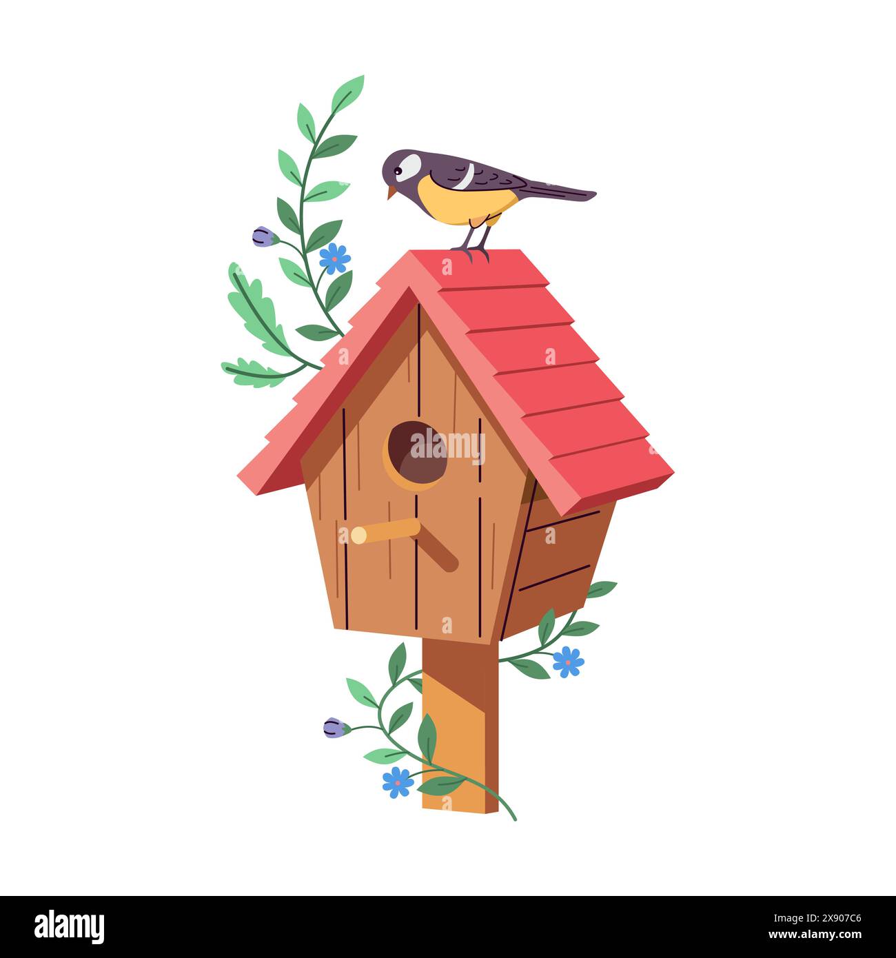 Birdhouse with titmouse and vine plant 2D cartoon object. Cute home for ...
