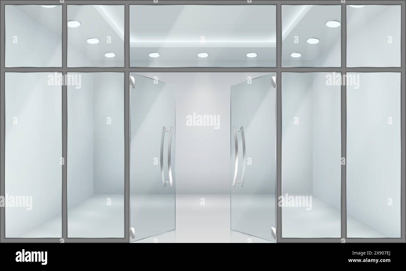 Shop window case with open glass door realistic 3d illustration ...