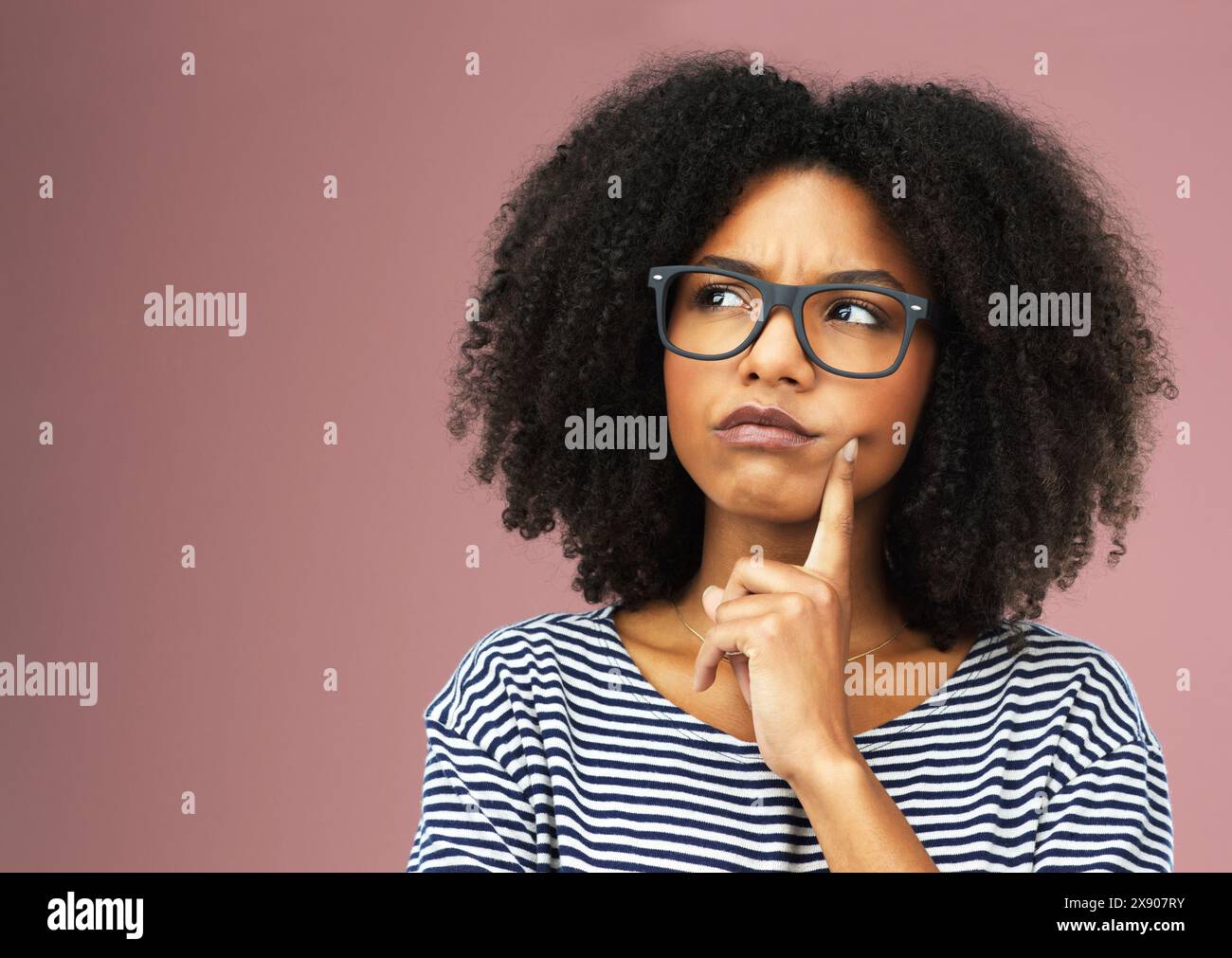 Thinking, finger and black woman with ideas, decision and problem ...