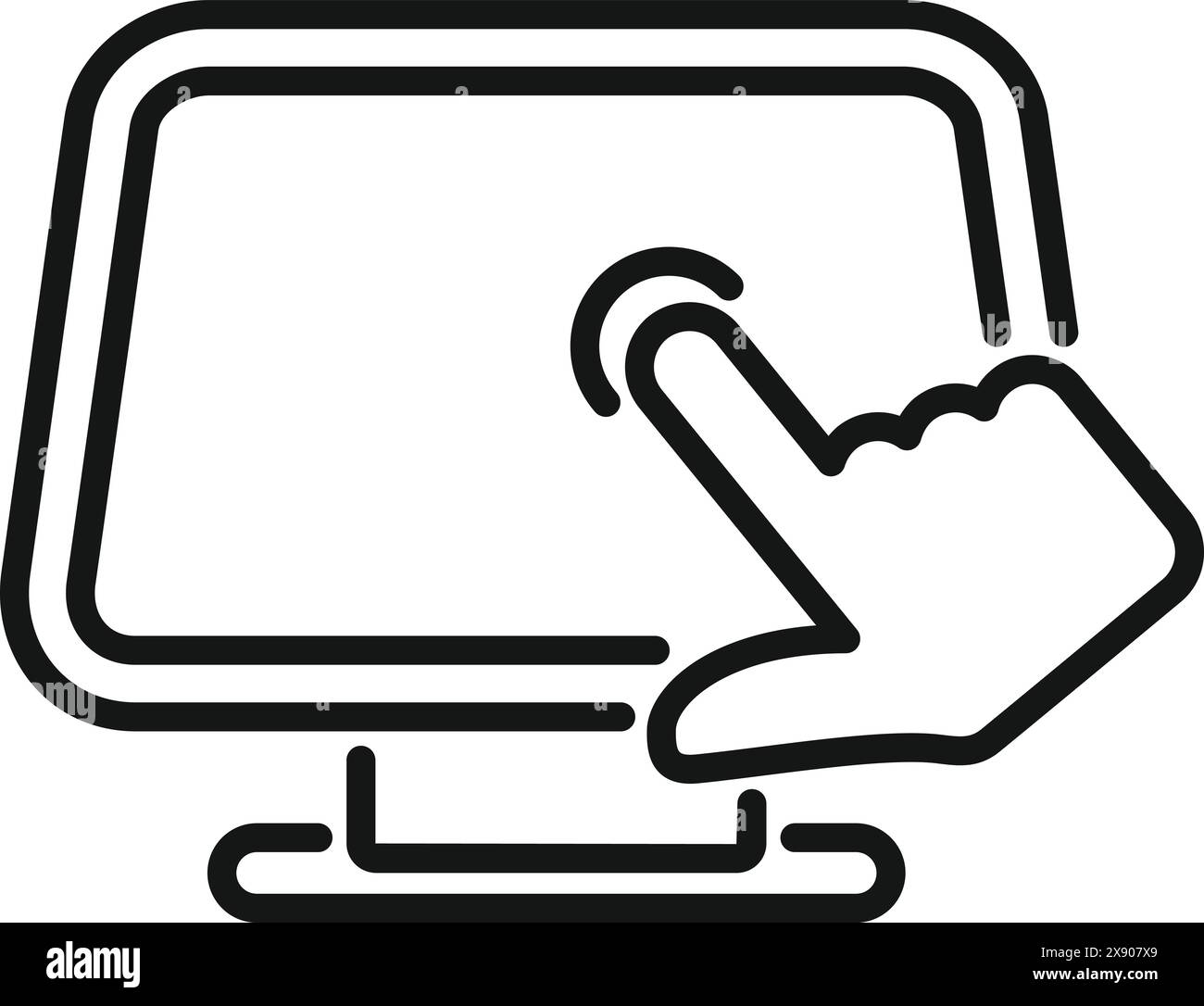 Line art icon of a hand interacting with a touchscreen monitor ...