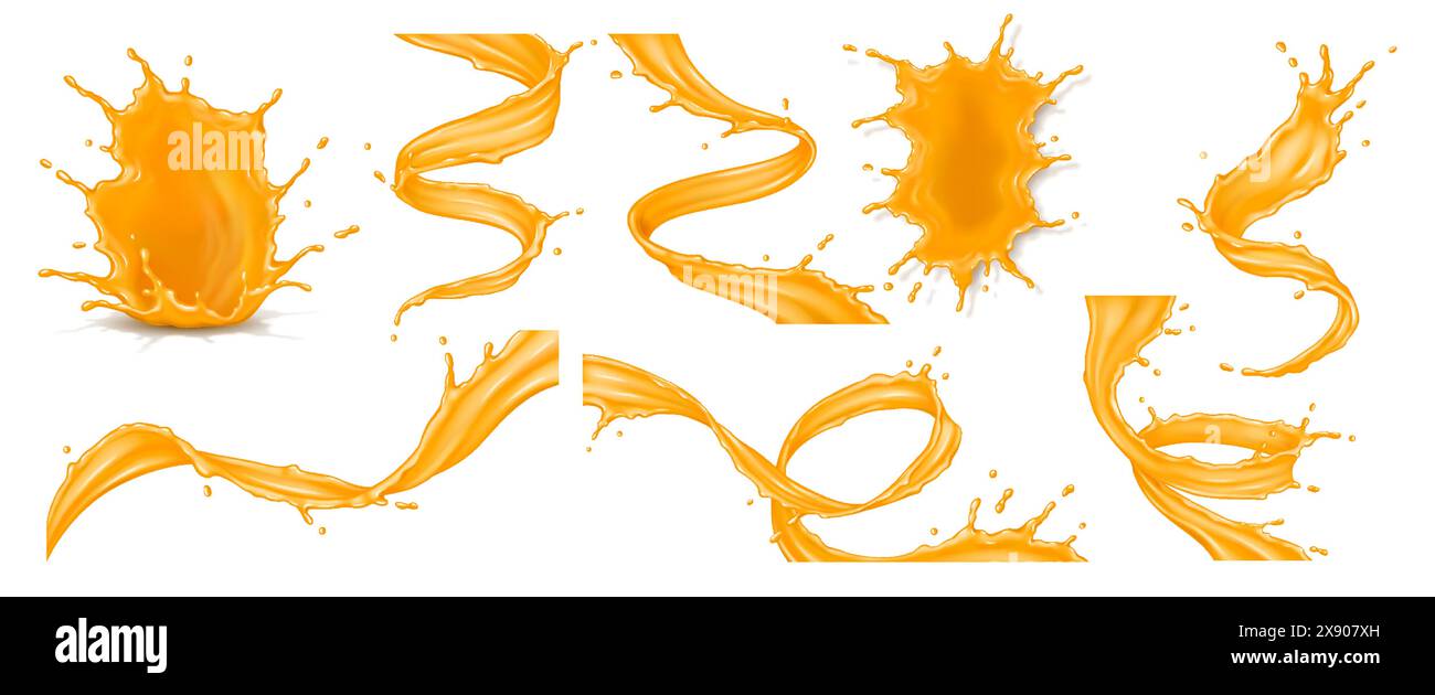 Natural orange juice splashes realistic vector illustration set ...