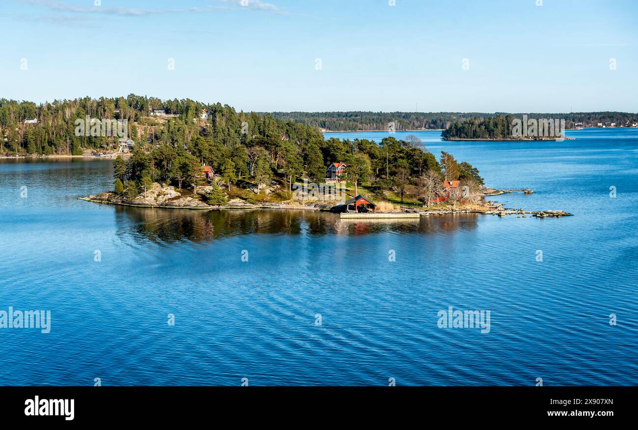 Small island connected with a bridge in Stockholm archipelago in Baltic ...