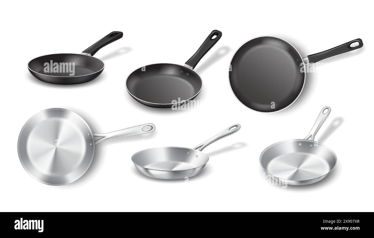 Non stick and stainless frying pans realistic vector illustration set ...
