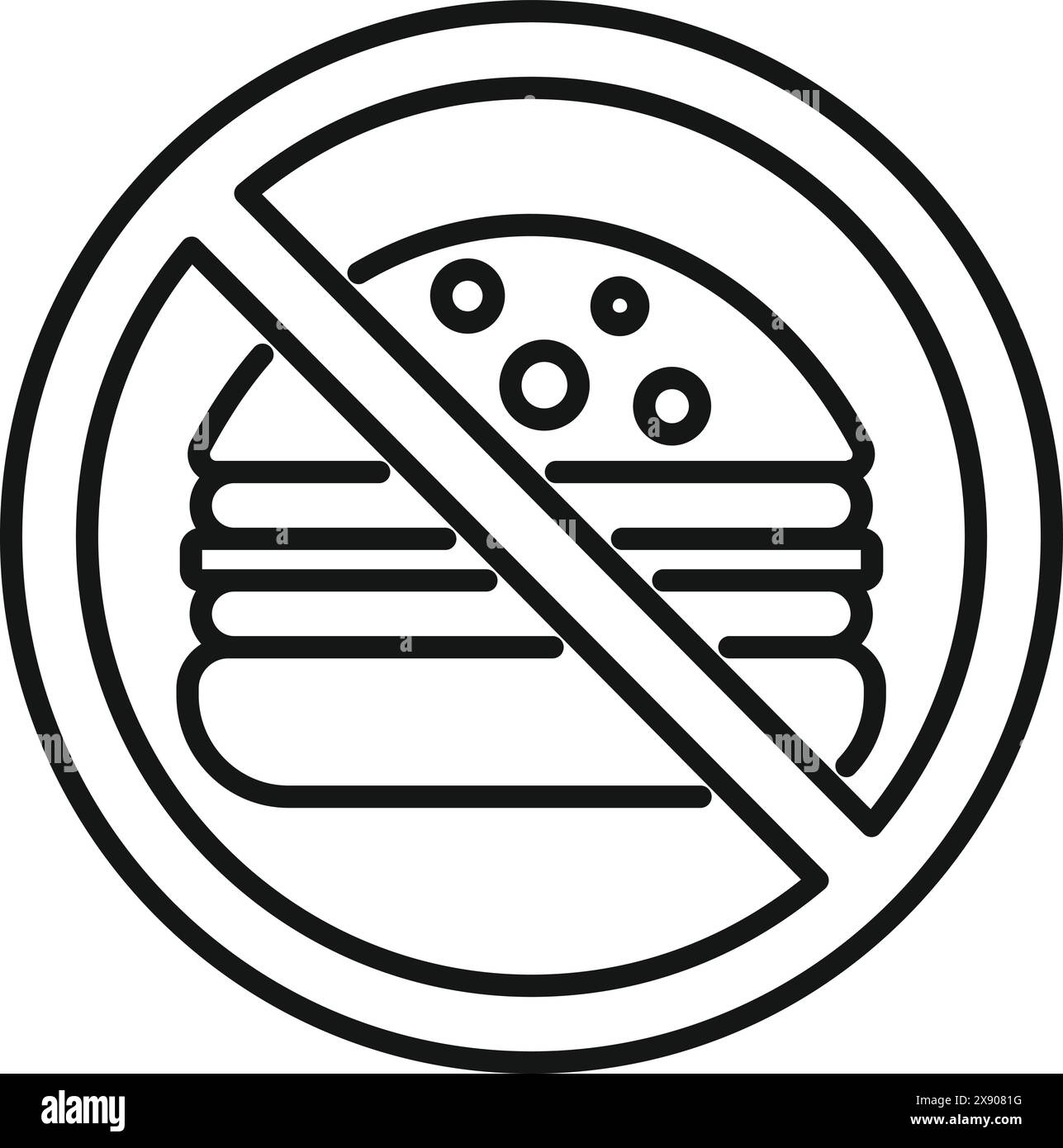 Black and white vector icon of a forbidden sign over a burger ...