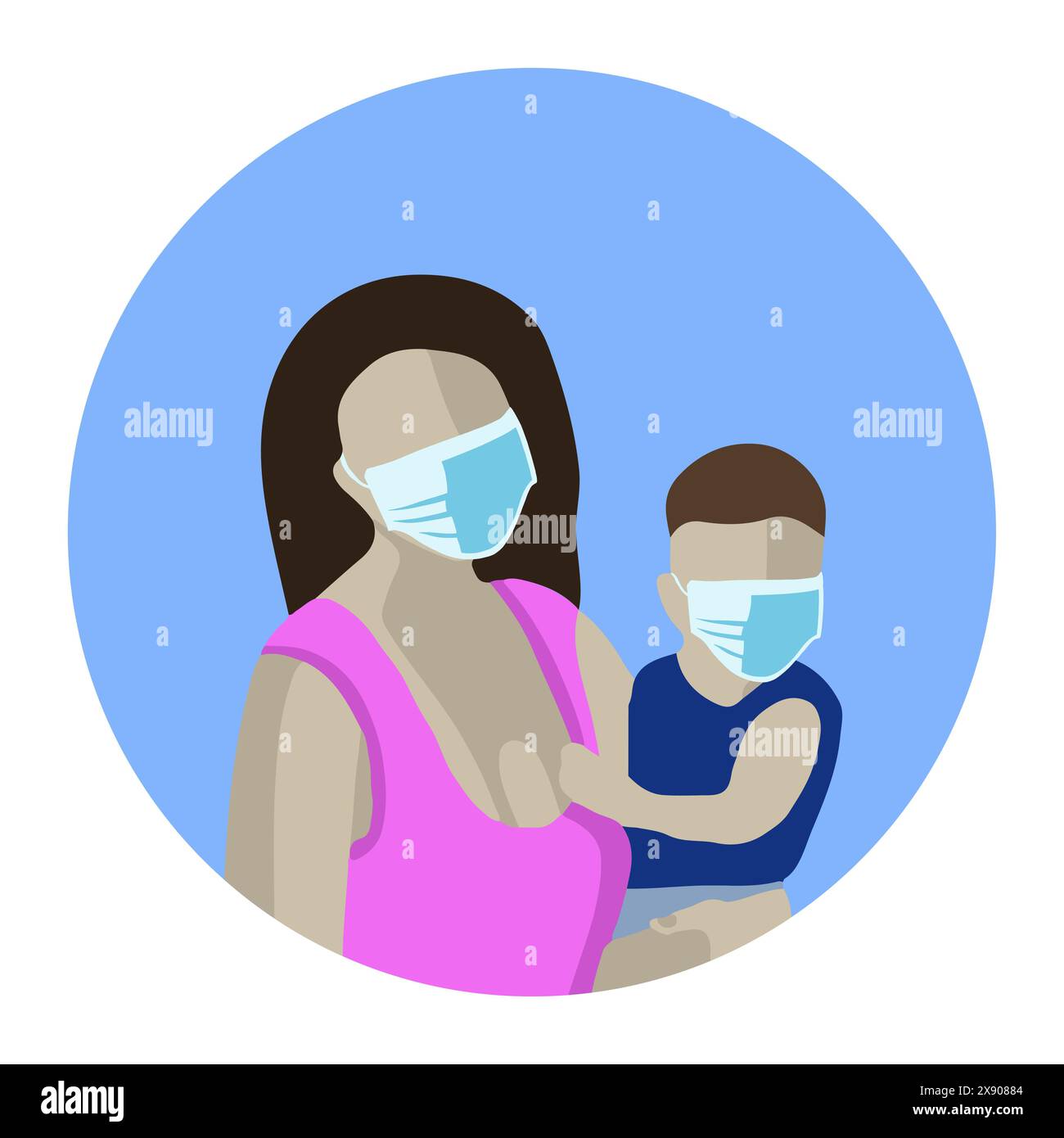 Vector isolated illustration of mother with child in medical masks ...