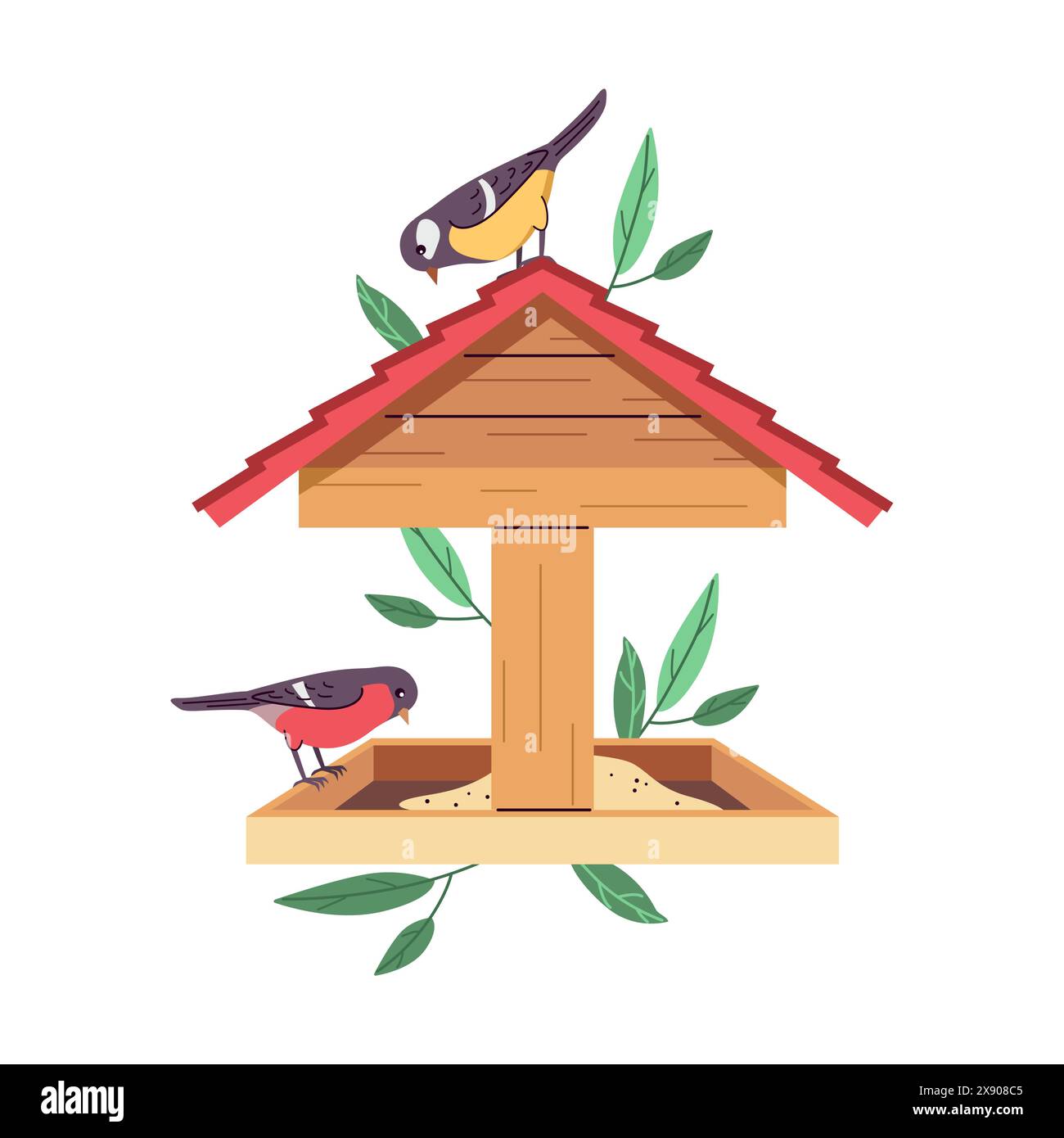 Birdfeeder with seeds and eating birds 2D cartoon illustration. Feeder ...