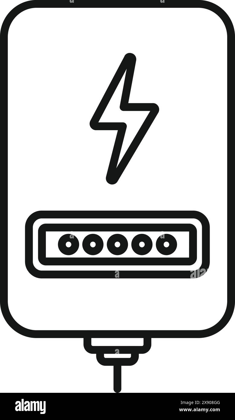 Simplified black and white line drawing of a portable power bank with a lightning bolt symbol ...