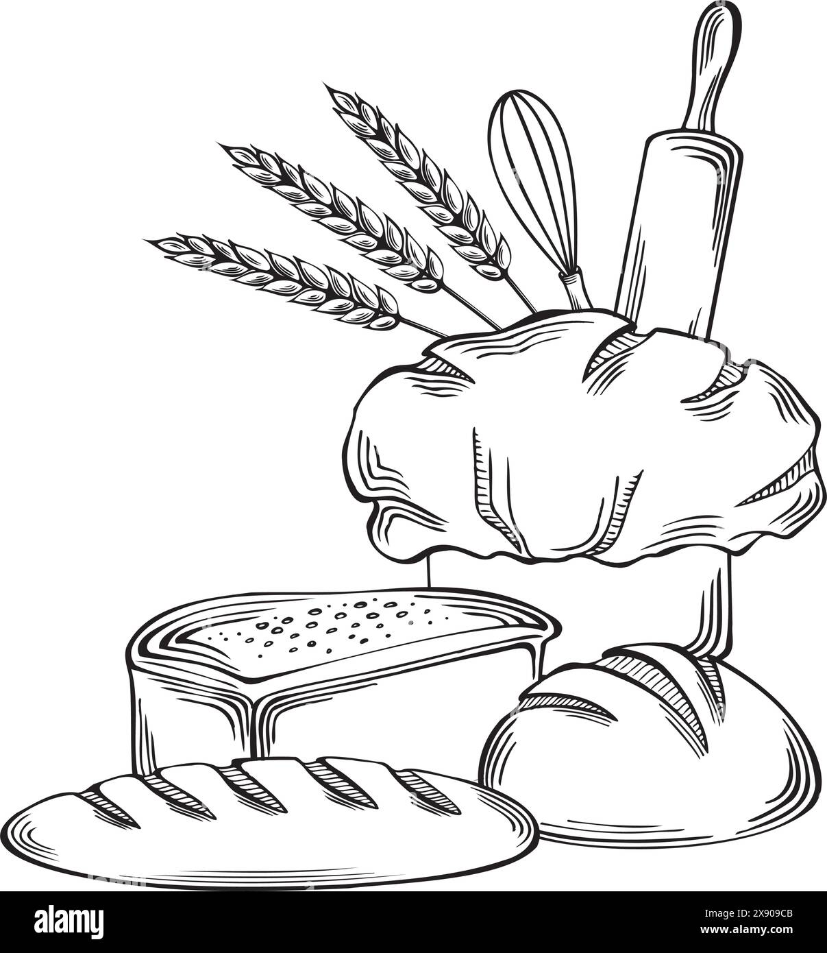 Bread Bakery goods with Chefs hat, baking tools and wheat ears. French ...