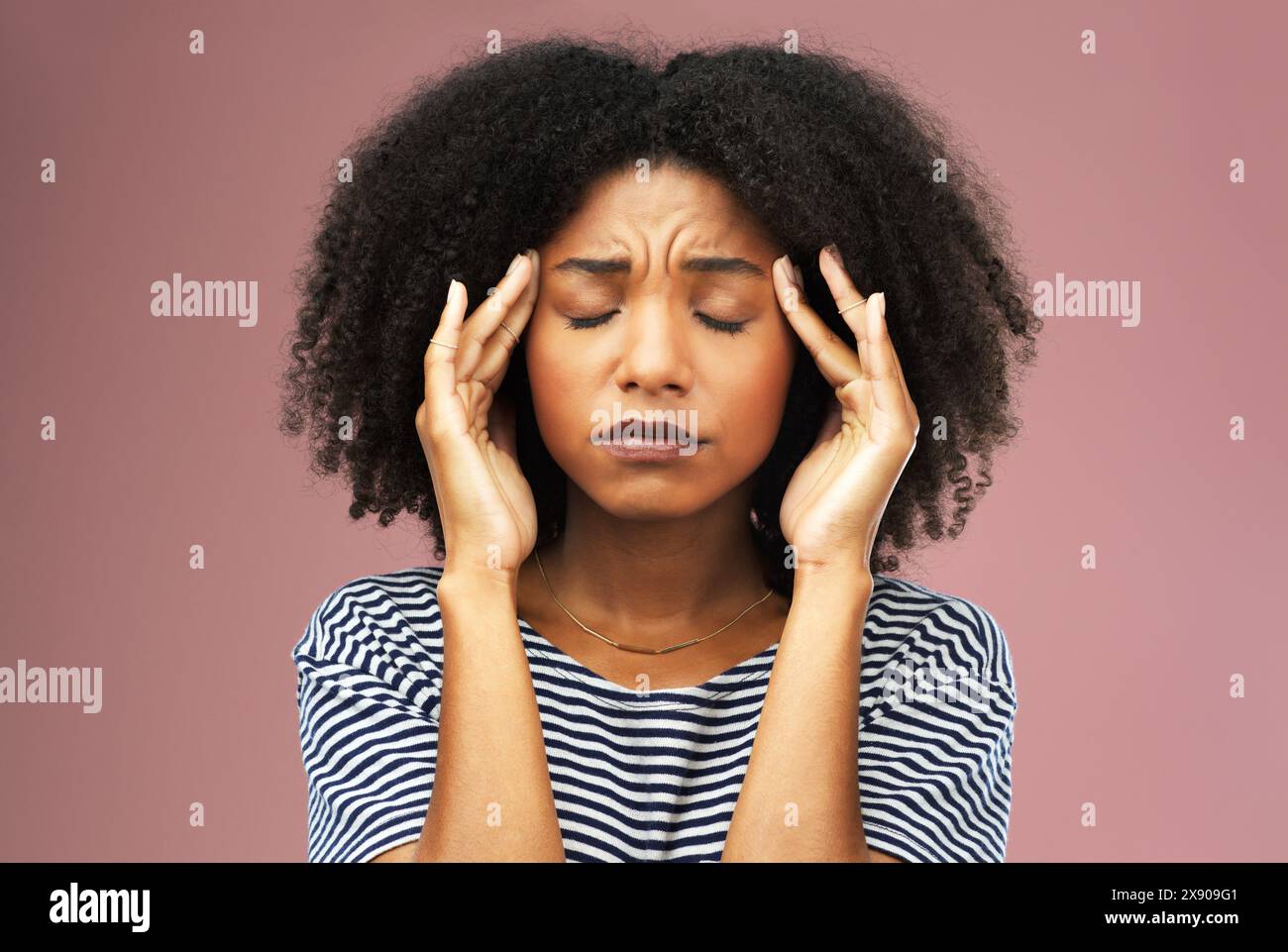 Black woman, studio and headache with stress for career, virtual ...