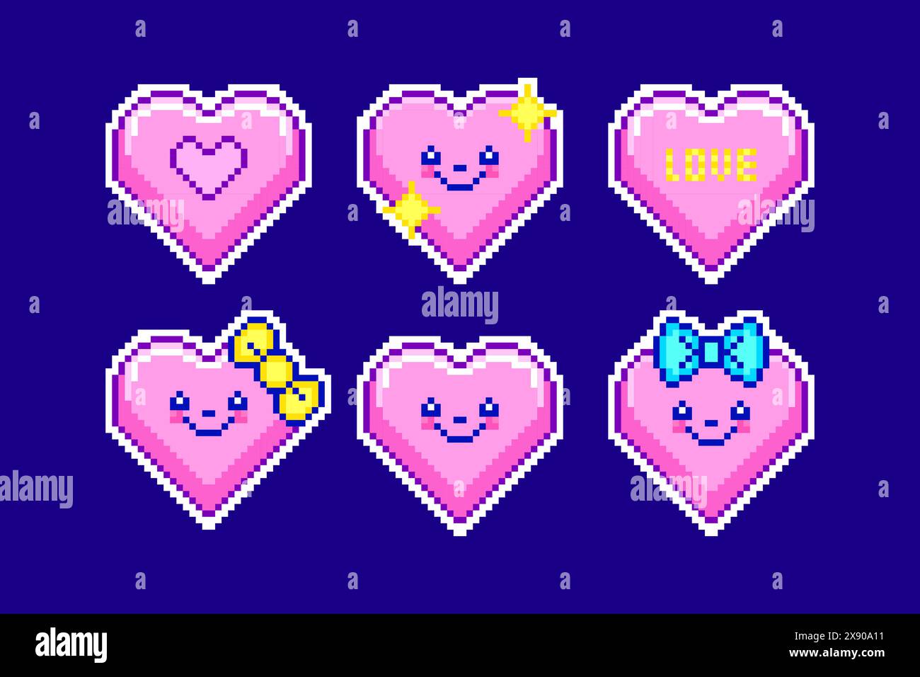 Set of stickers with hearts in pixel art style on dark background Stock ...