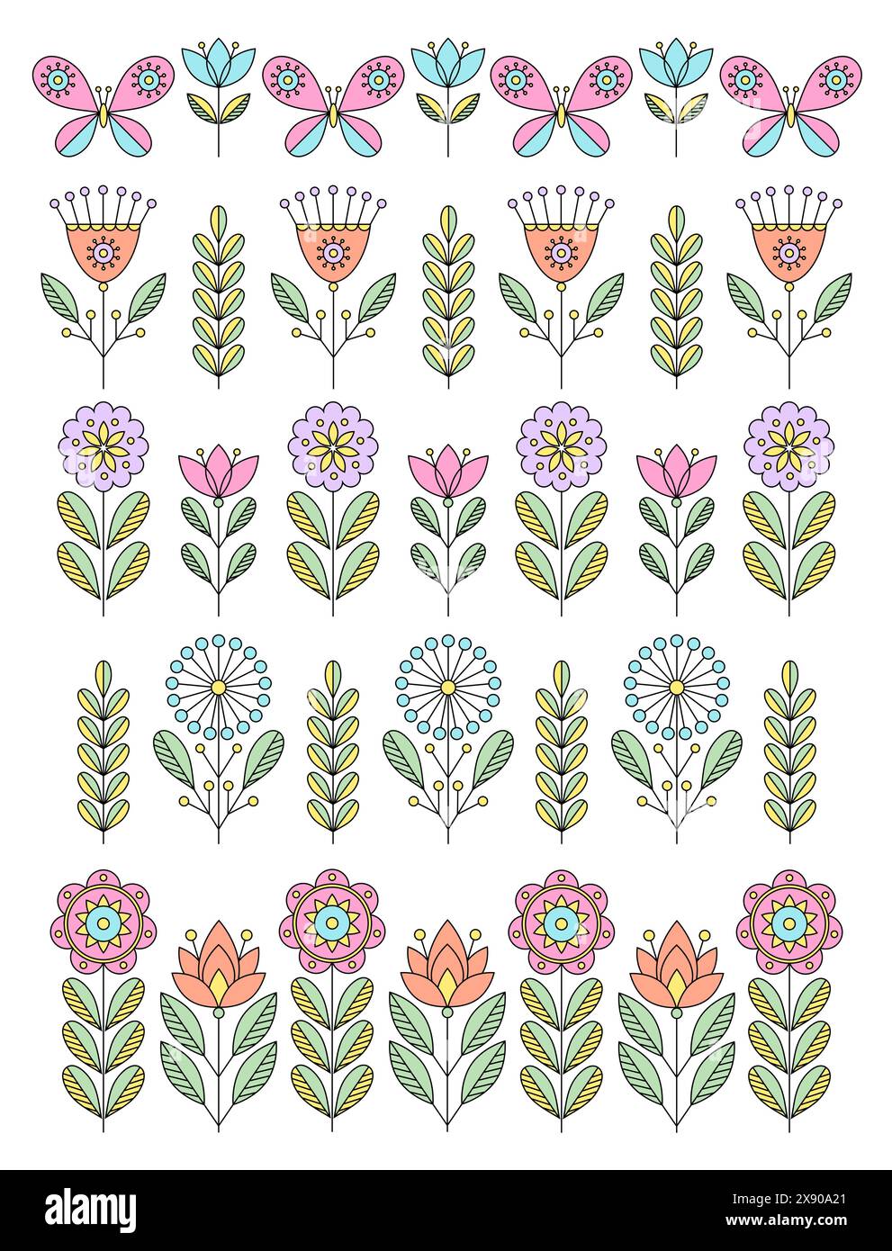 A set of floral borders in simple line art style to create different ...