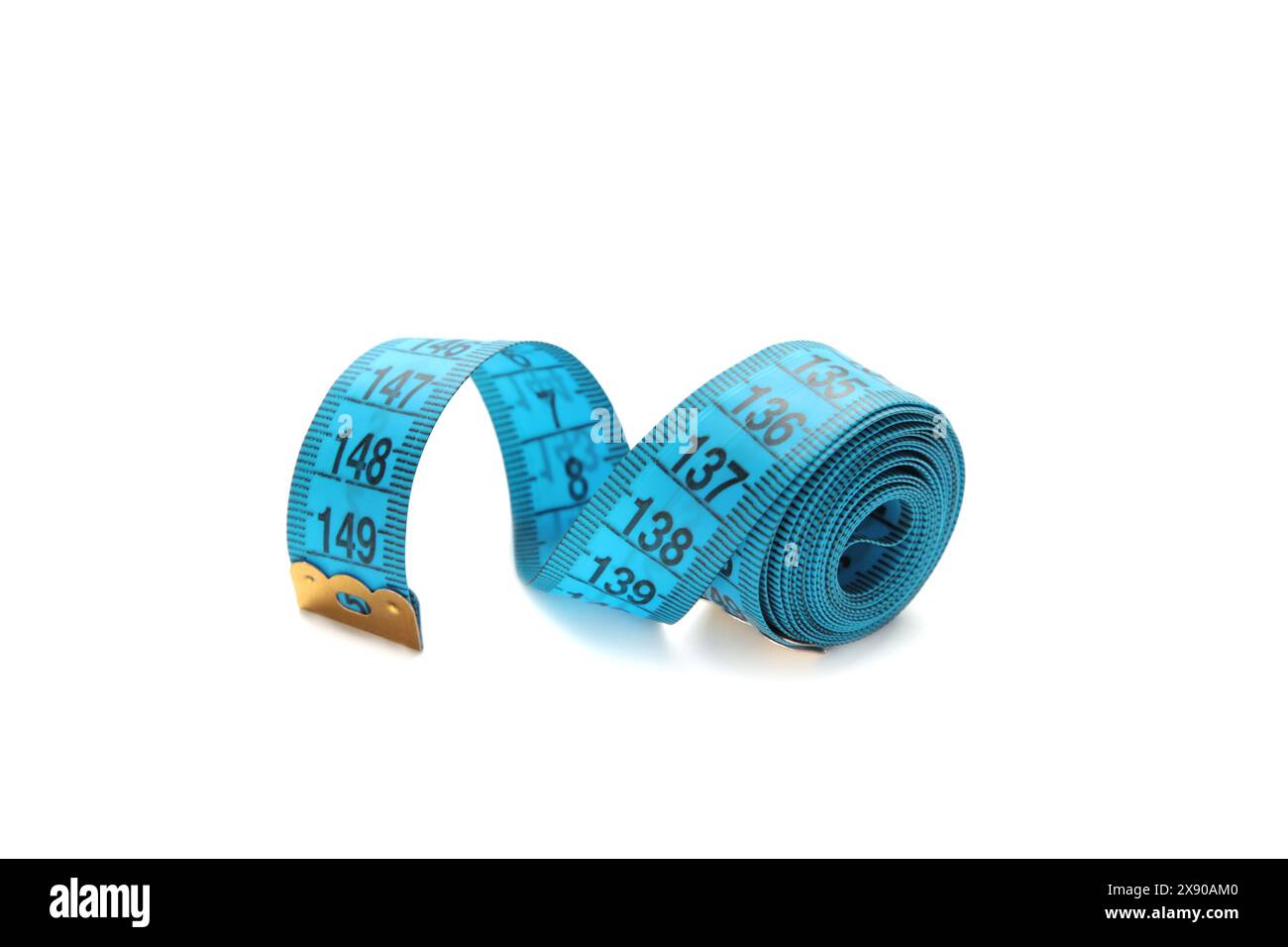 Blue plastic measure tape with metric scale isolated on white ...