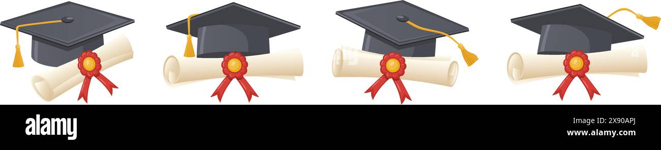 Collection of academic graduation caps and diploma scrolls in different ...