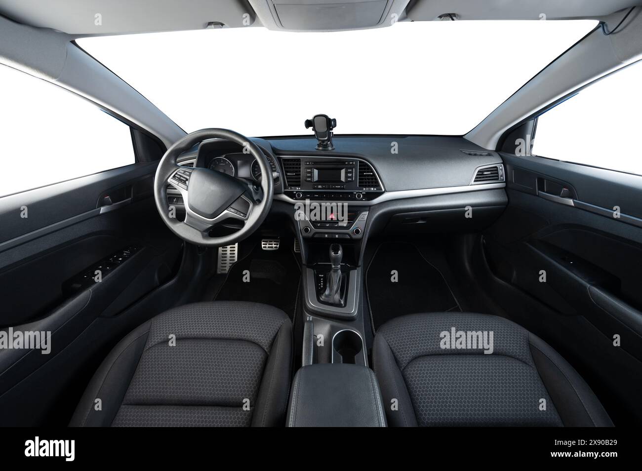 Empty clean car driver interior with dashboard and isolated windows ...
