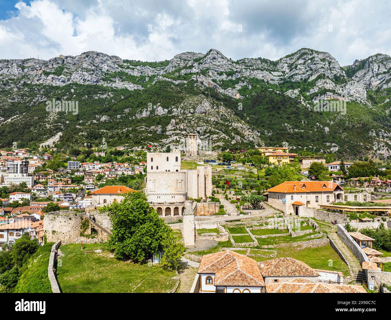 Kruje and Mount Kruje from a drone, Ishem River, Albania Stock Photo ...