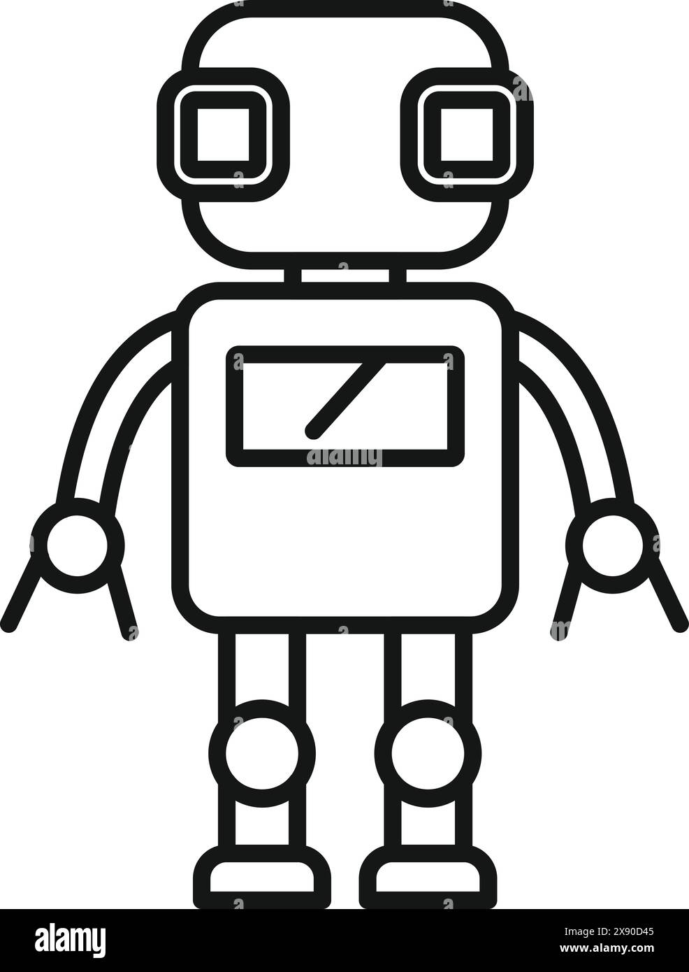 Cute cartoon robot icon illustration in simple black and white line art ...