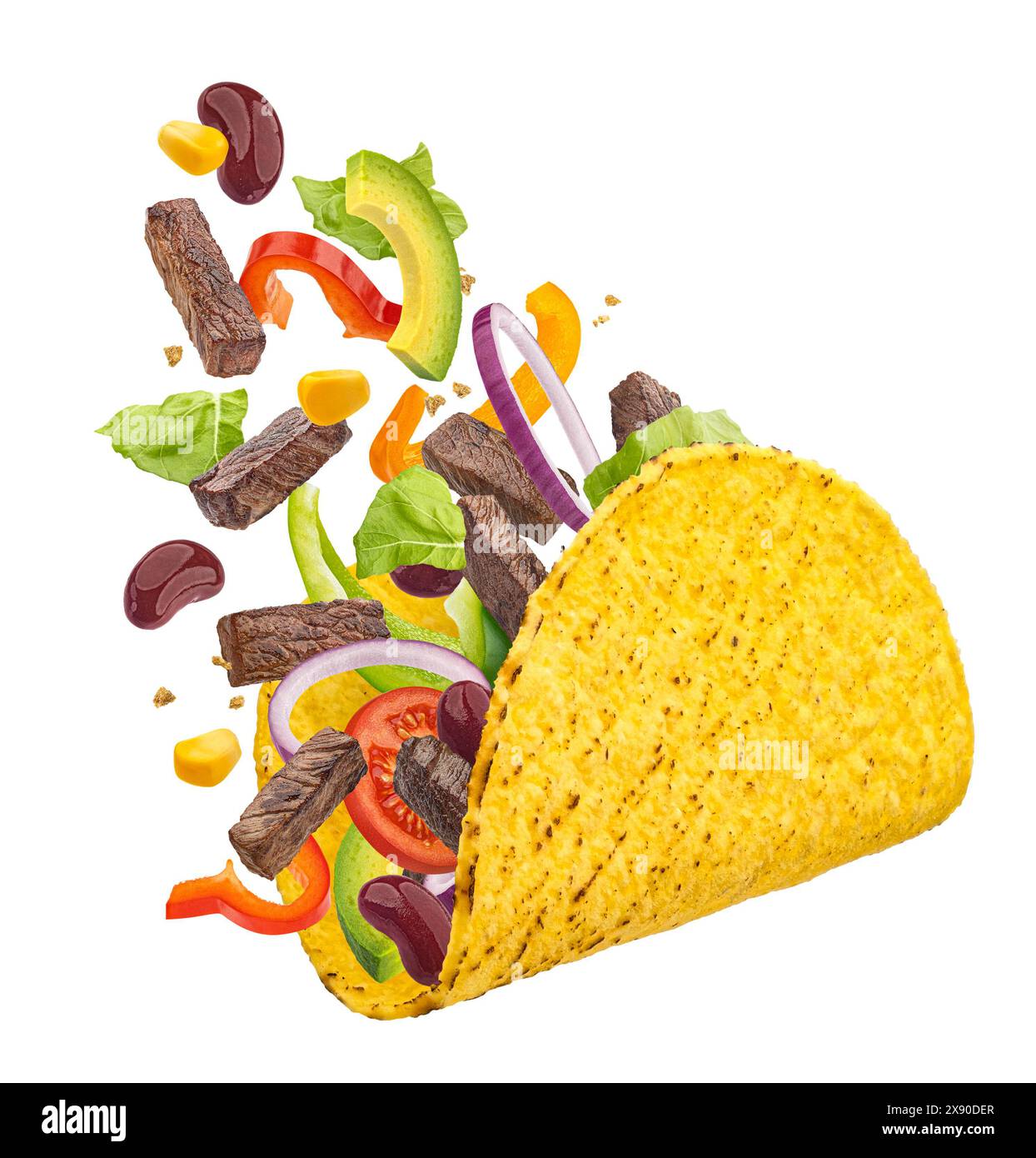 Mexican taco with falling beef meat and vegetables isolated on white ...