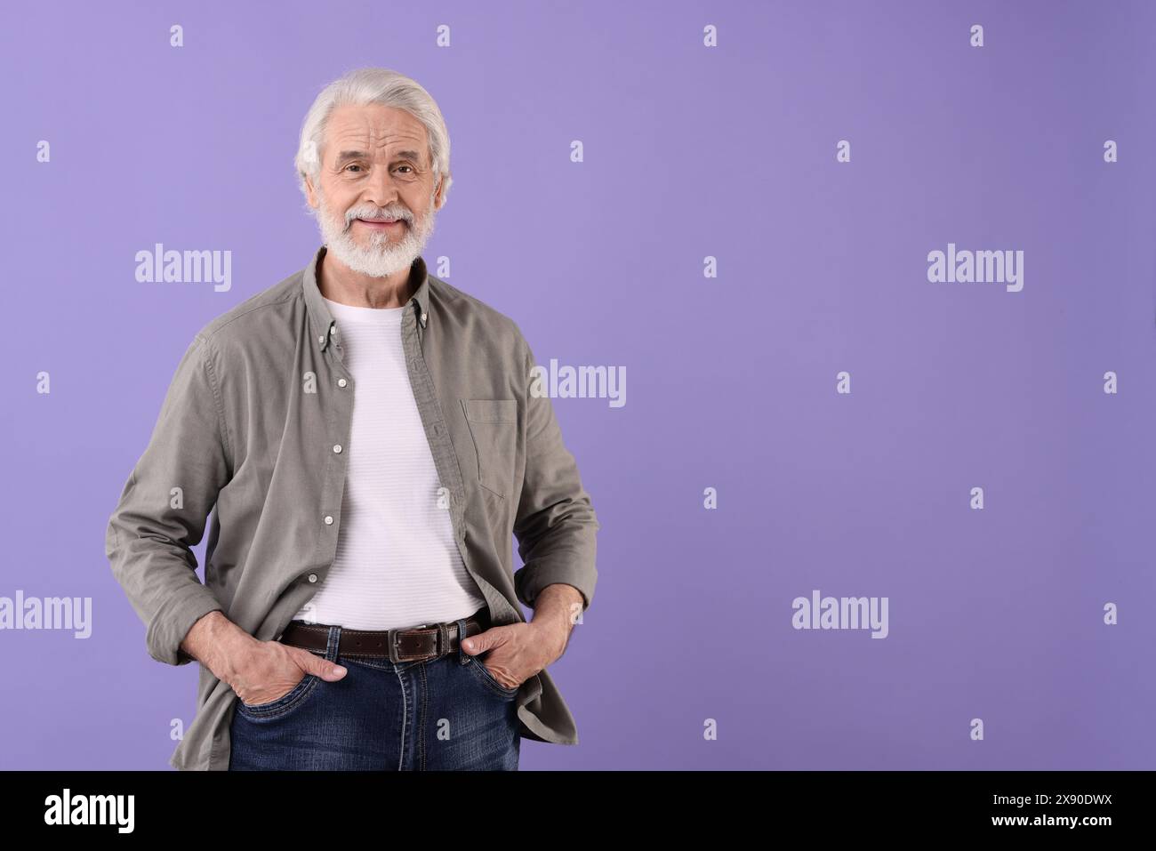Portrait of stylish grandpa on purple background, space for text Stock ...