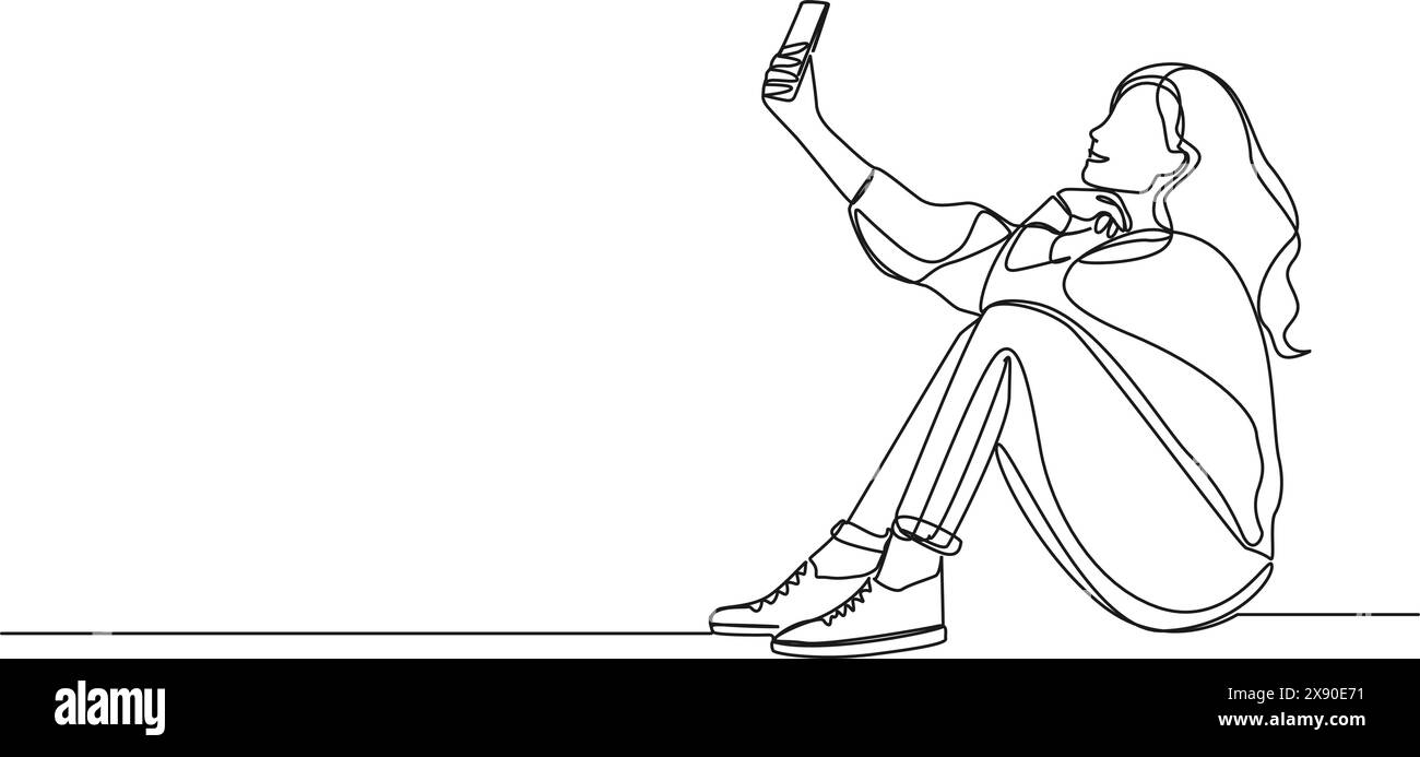 continuous single line drawing of young woman taking a selfie with her ...