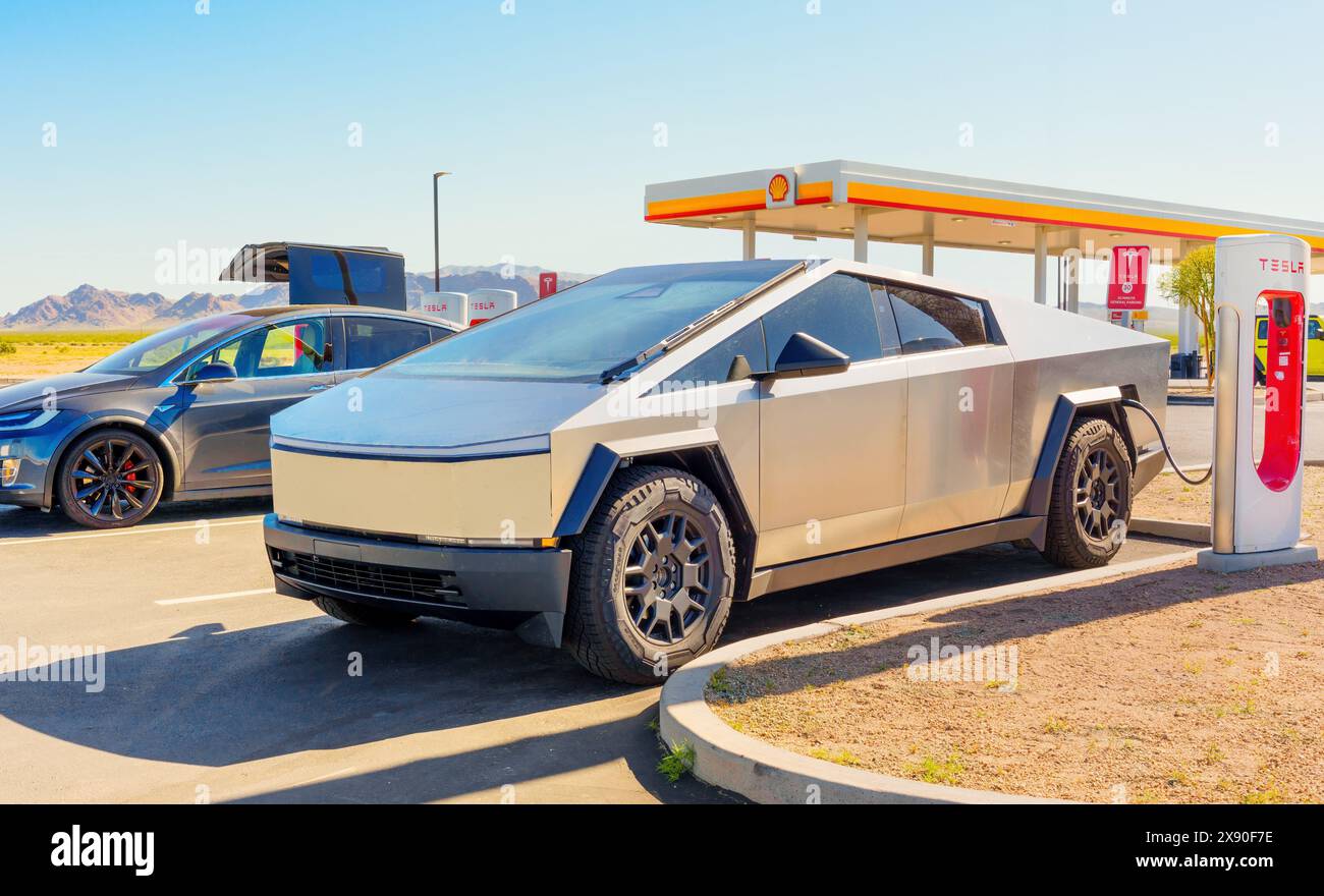 White Hills, Arizona - April 14, 2024: Cybertruck and Tesla Model X ...