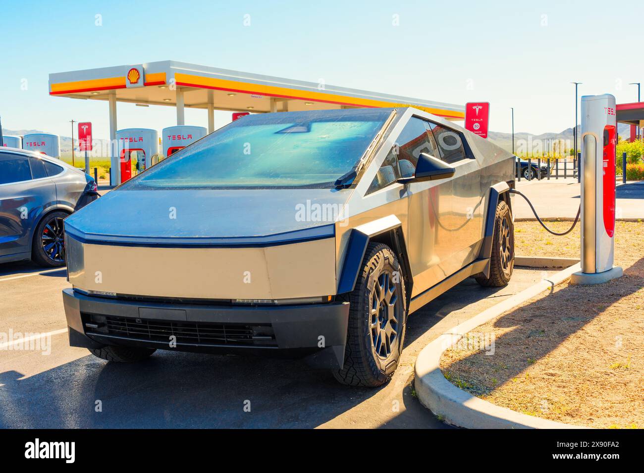 White Hills, Arizona - April 14, 2024: Metallic Tesla Cybertruck Stands ...