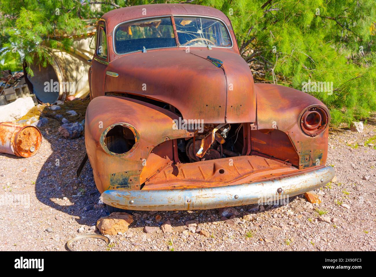 Nelson, Nevada - April 15, 2024: Close-up view of a severely corroded ...