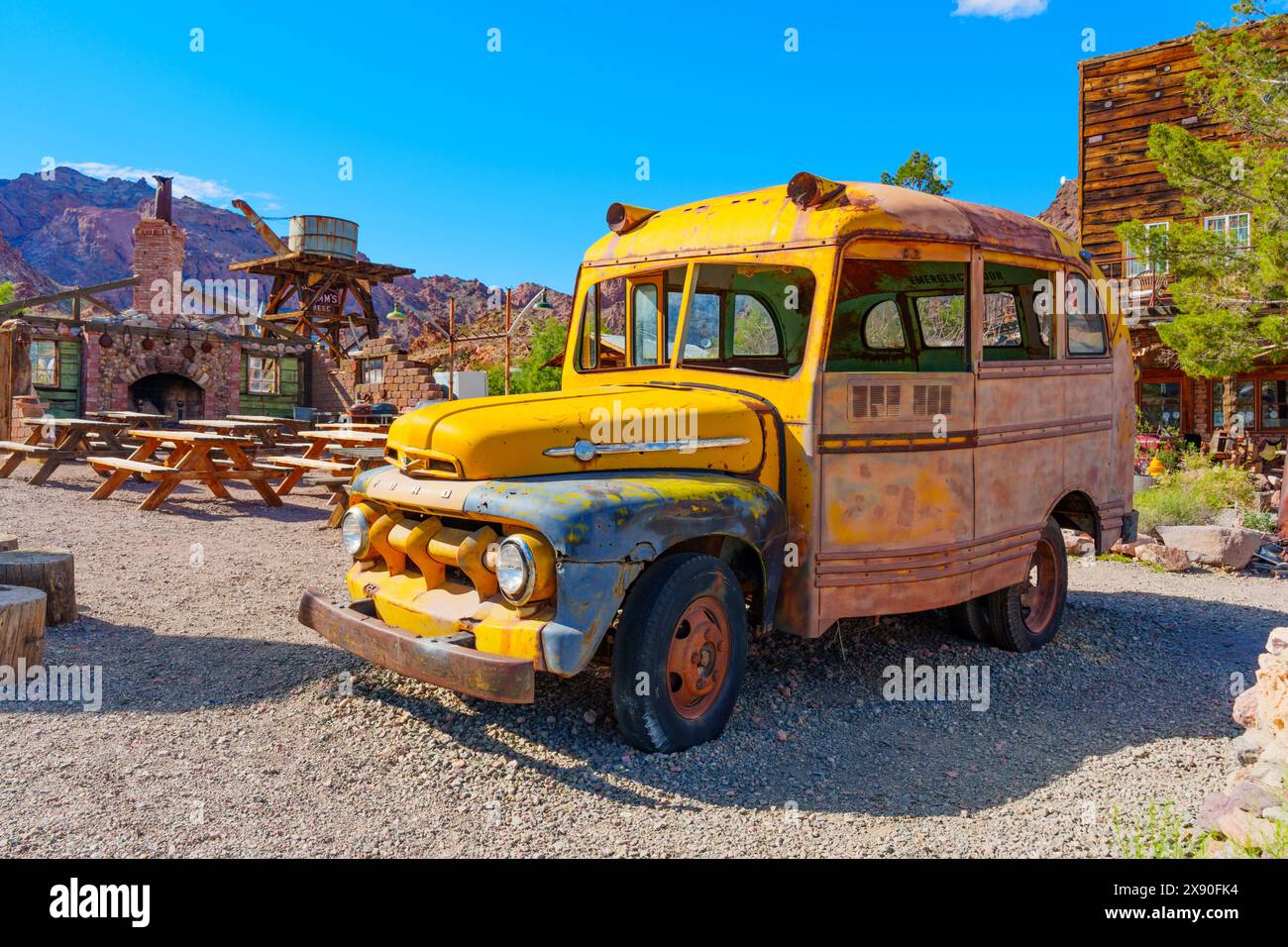 Nelson, Nevada - April 15, 2024: Weathered yellow vintage Ford bus with ...