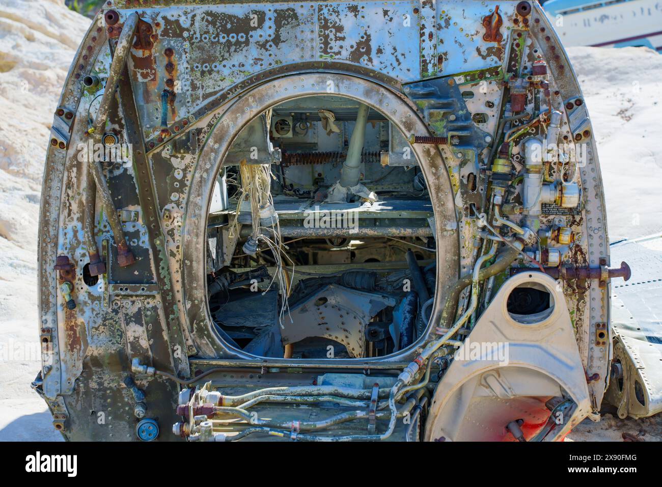 Nelson, Nevada - April 15, 2024: Close-up view of a crashed small Navy ... Nelson, Nevada - April 15, 2024: Close-up view of a crashed small Navy ...