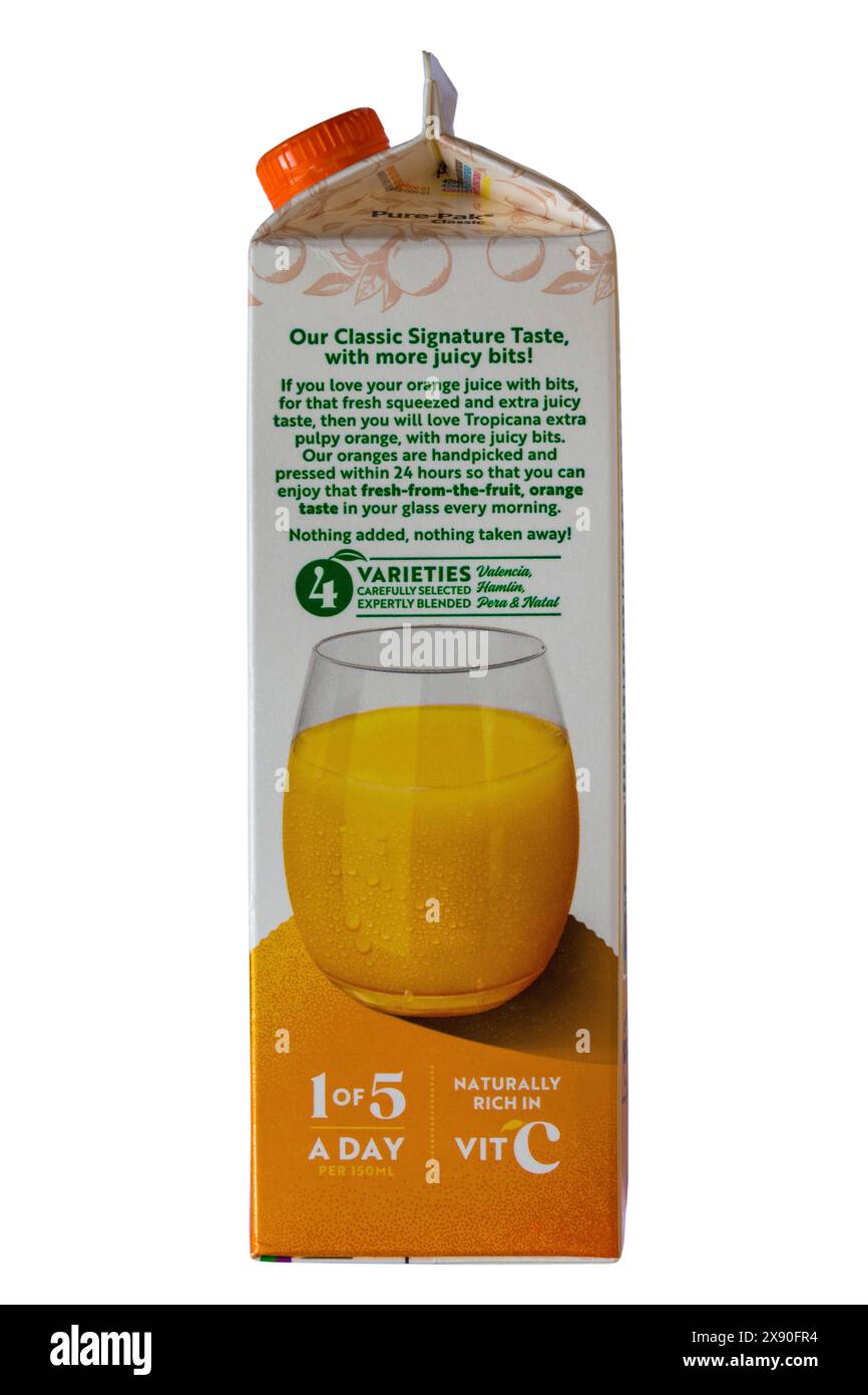 information on side of carton of Tropicana extra pulpy Orange with more ...