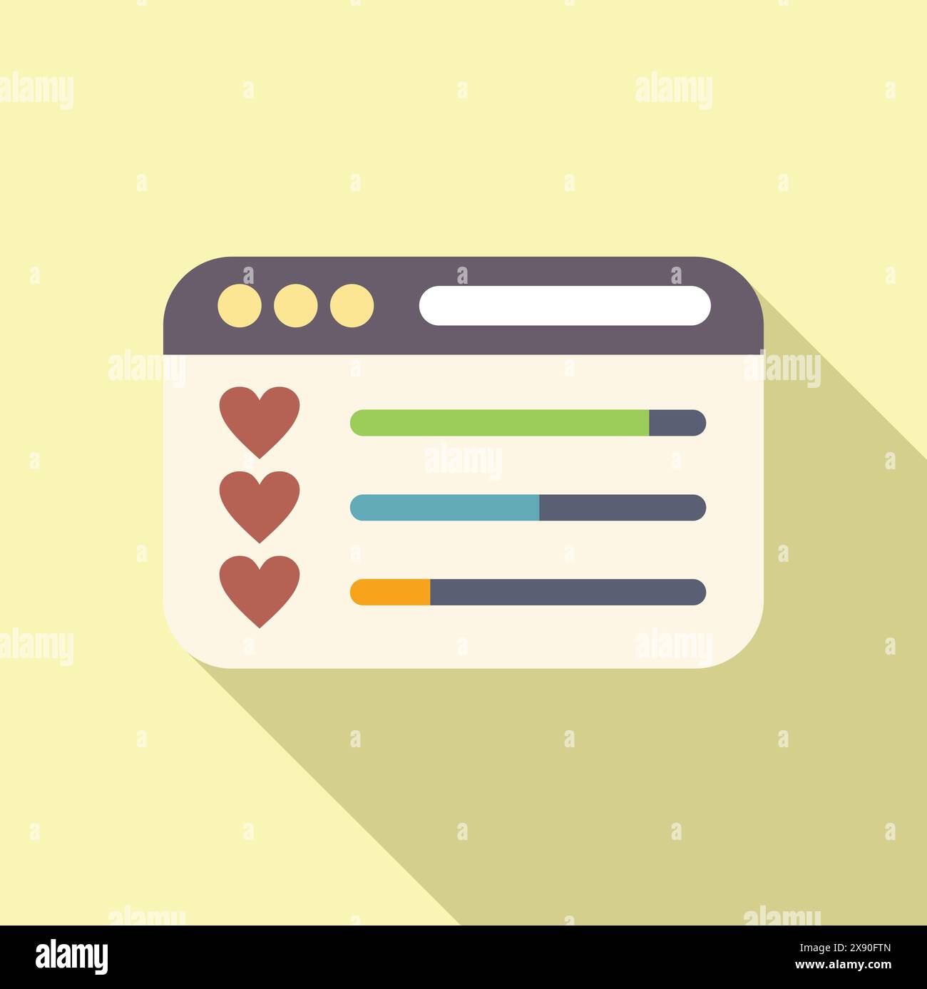 Minimalist vector illustration showing a simplified browser window with hearts and progress bars ...