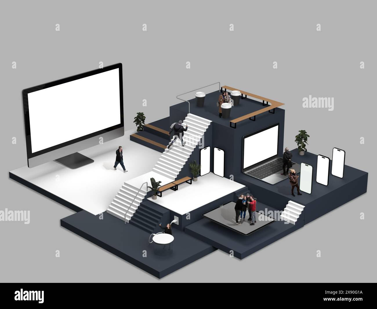 Modern Business Interaction Zone. Isometric design of multi-level ...