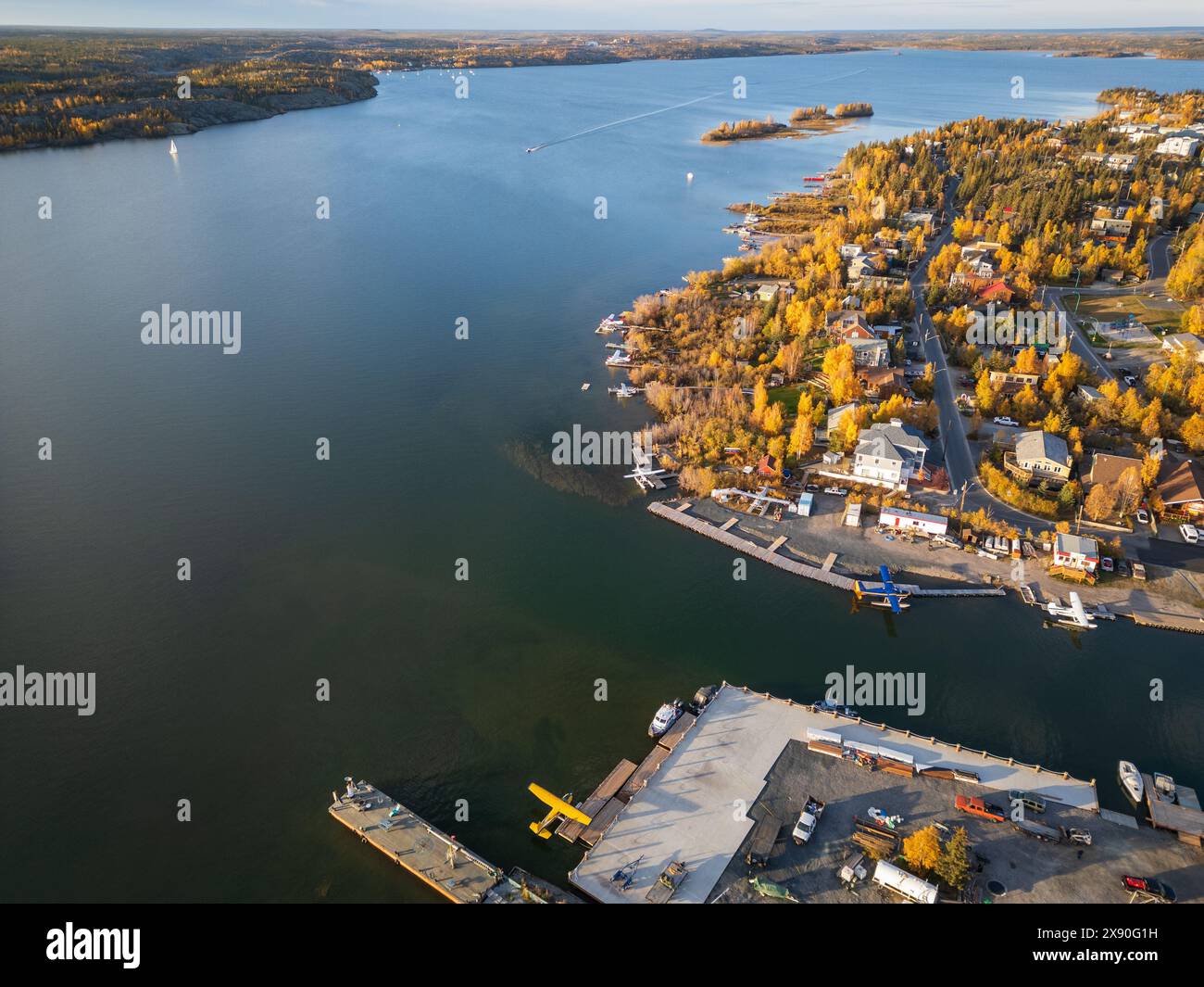 Aerial view of Yellowknife Bay and Old Town in Autumn. Yellowknife ...