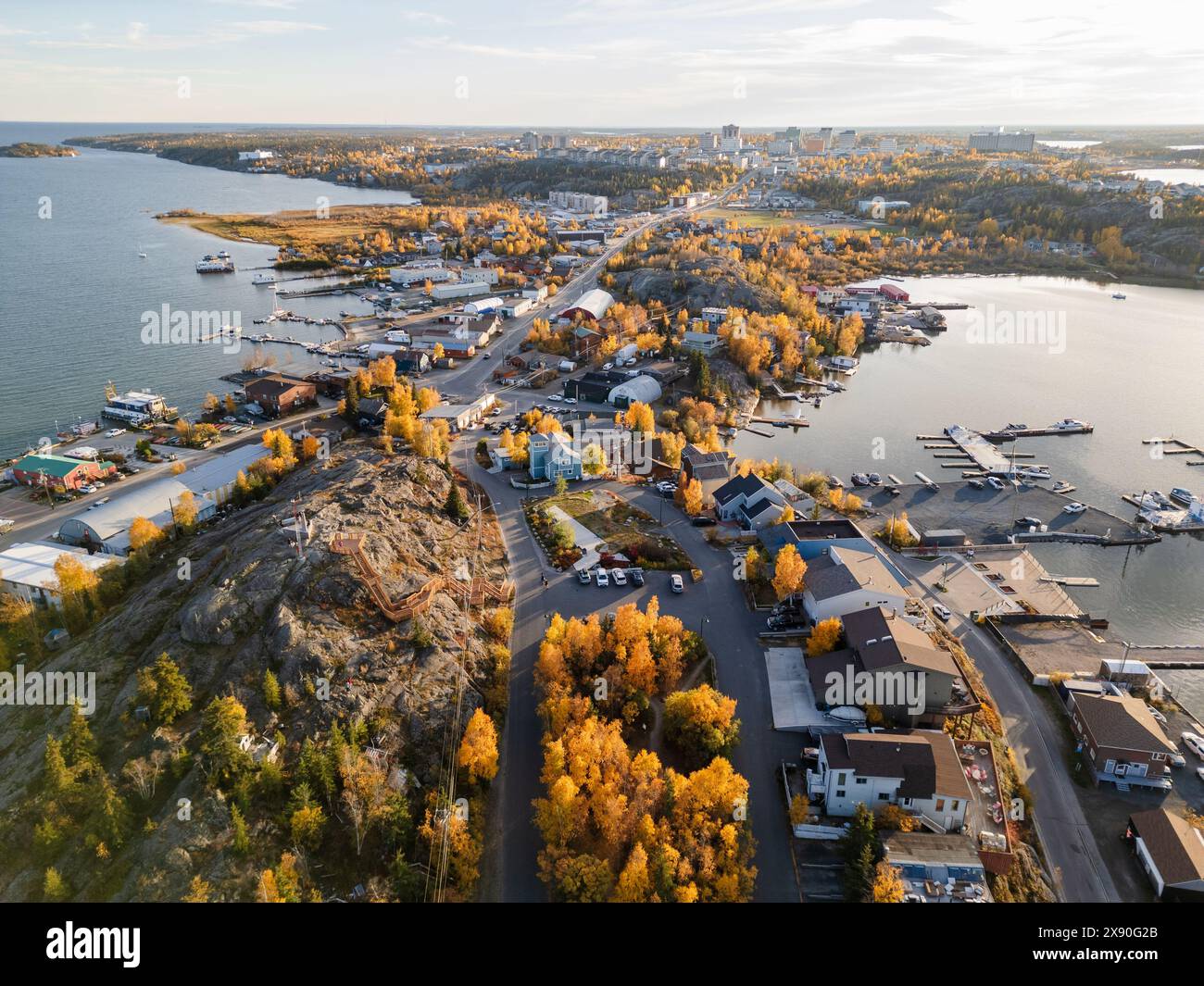Aerial view of Yellowknife Bay and Old Town in Autumn. Yellowknife ...