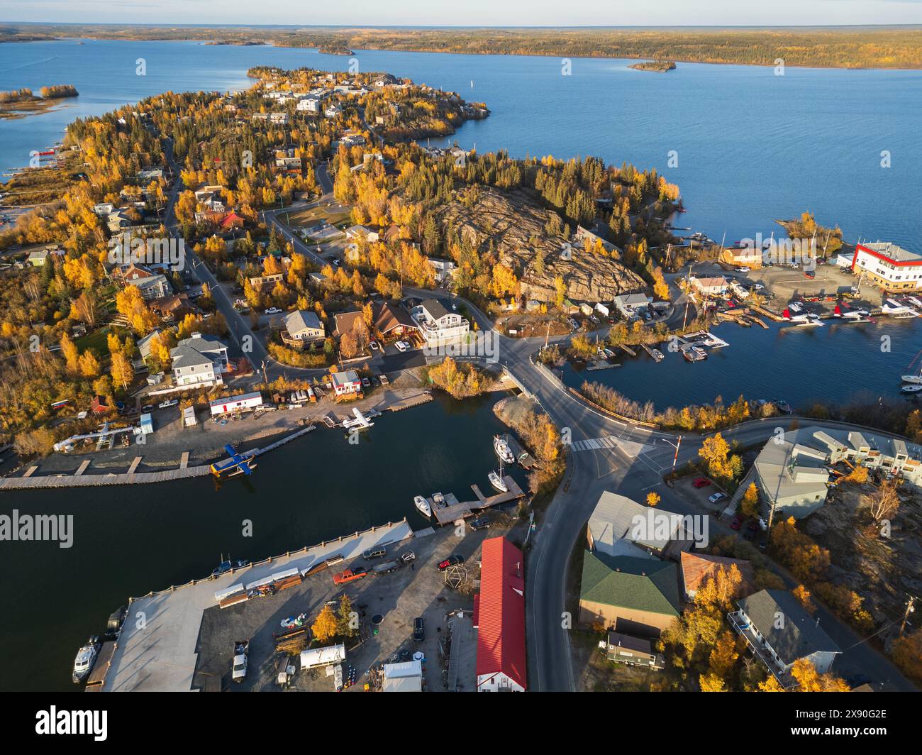 Aerial view of Yellowknife Bay and Old Town in Autumn. Yellowknife, Great Slave Lake, Northwest ...