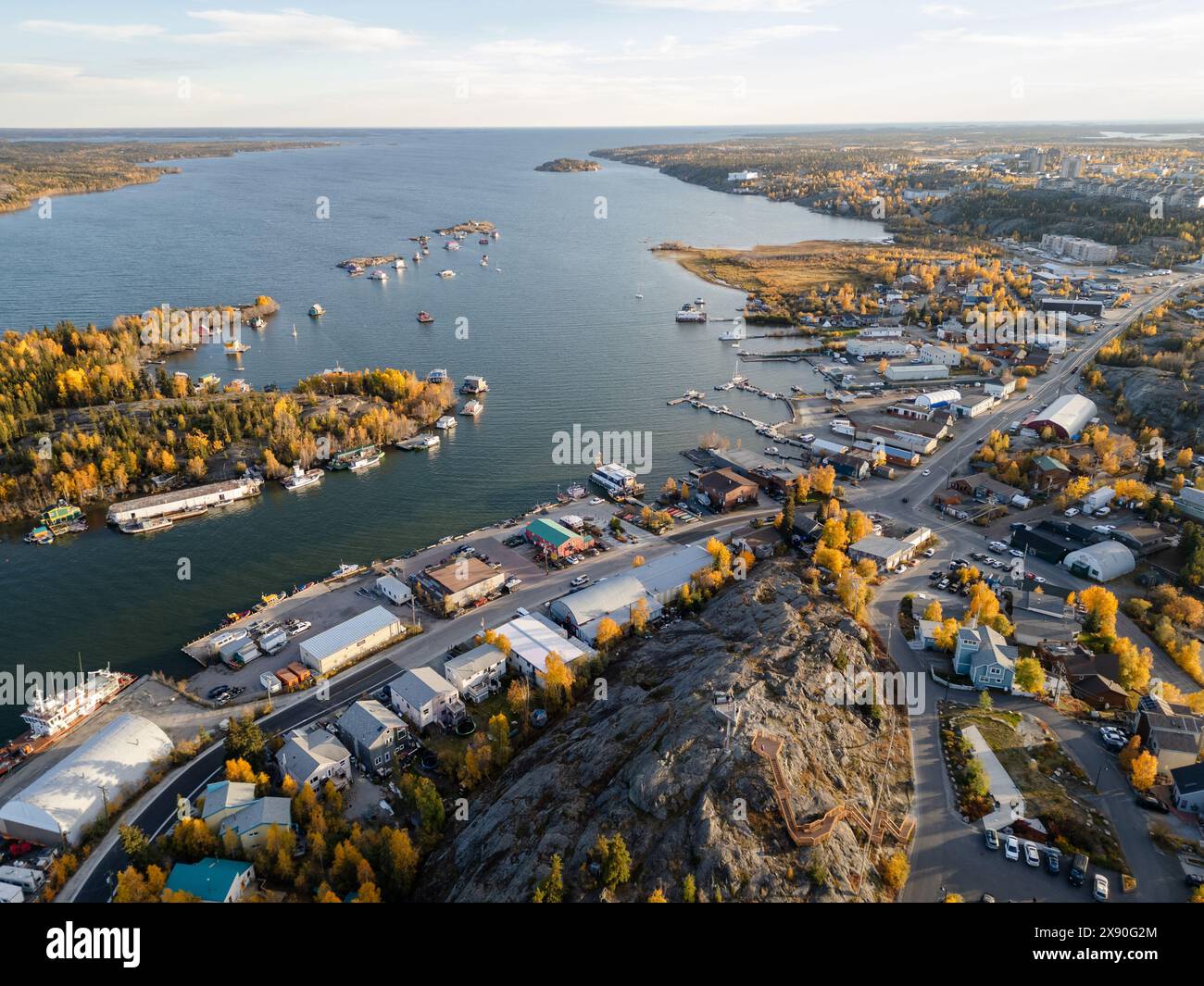 Aerial view of Yellowknife Bay and Old Town in Autumn. Yellowknife ...