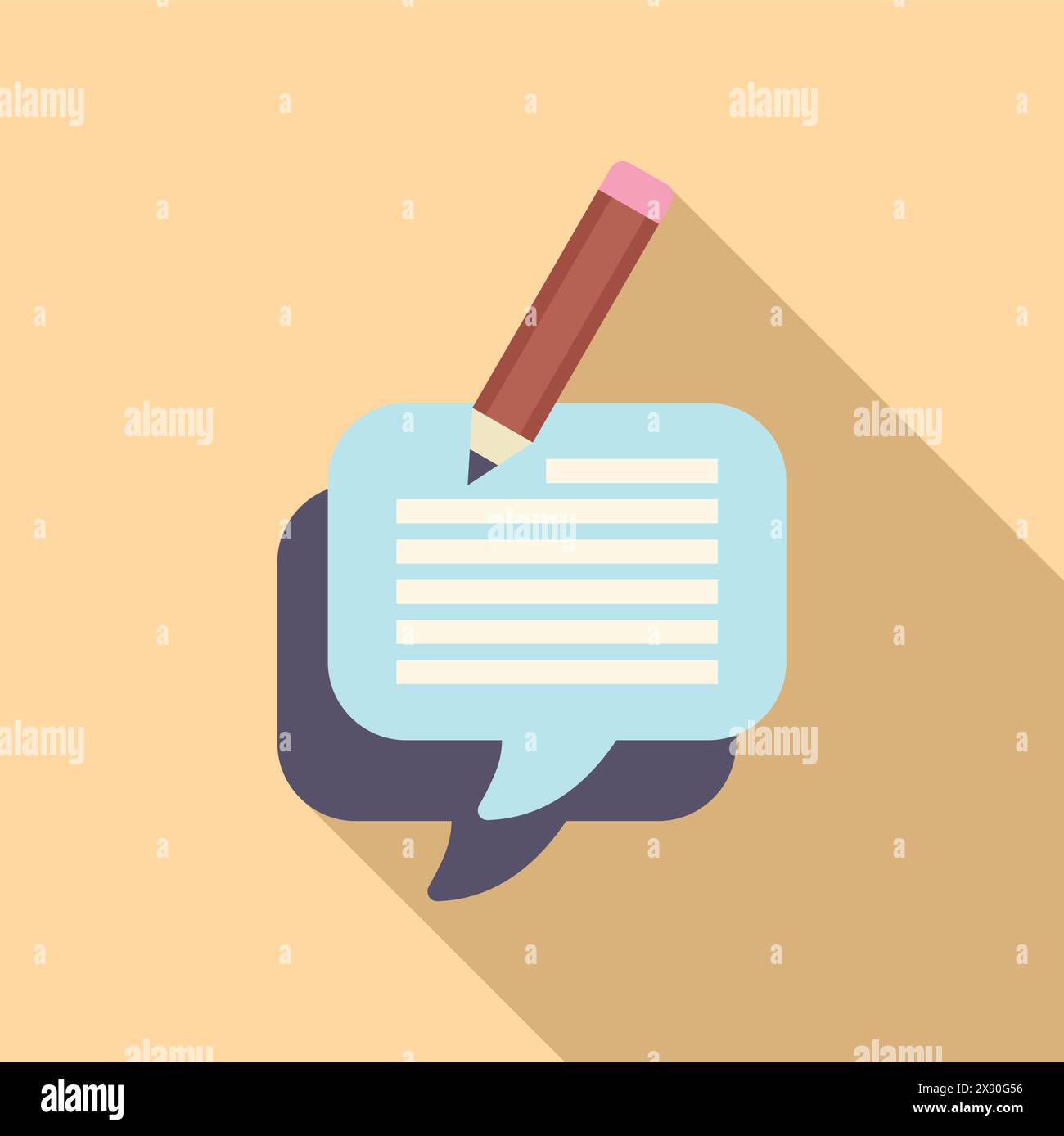 A minimalist vector graphic of a pencil writing on a speech bubble icon ...
