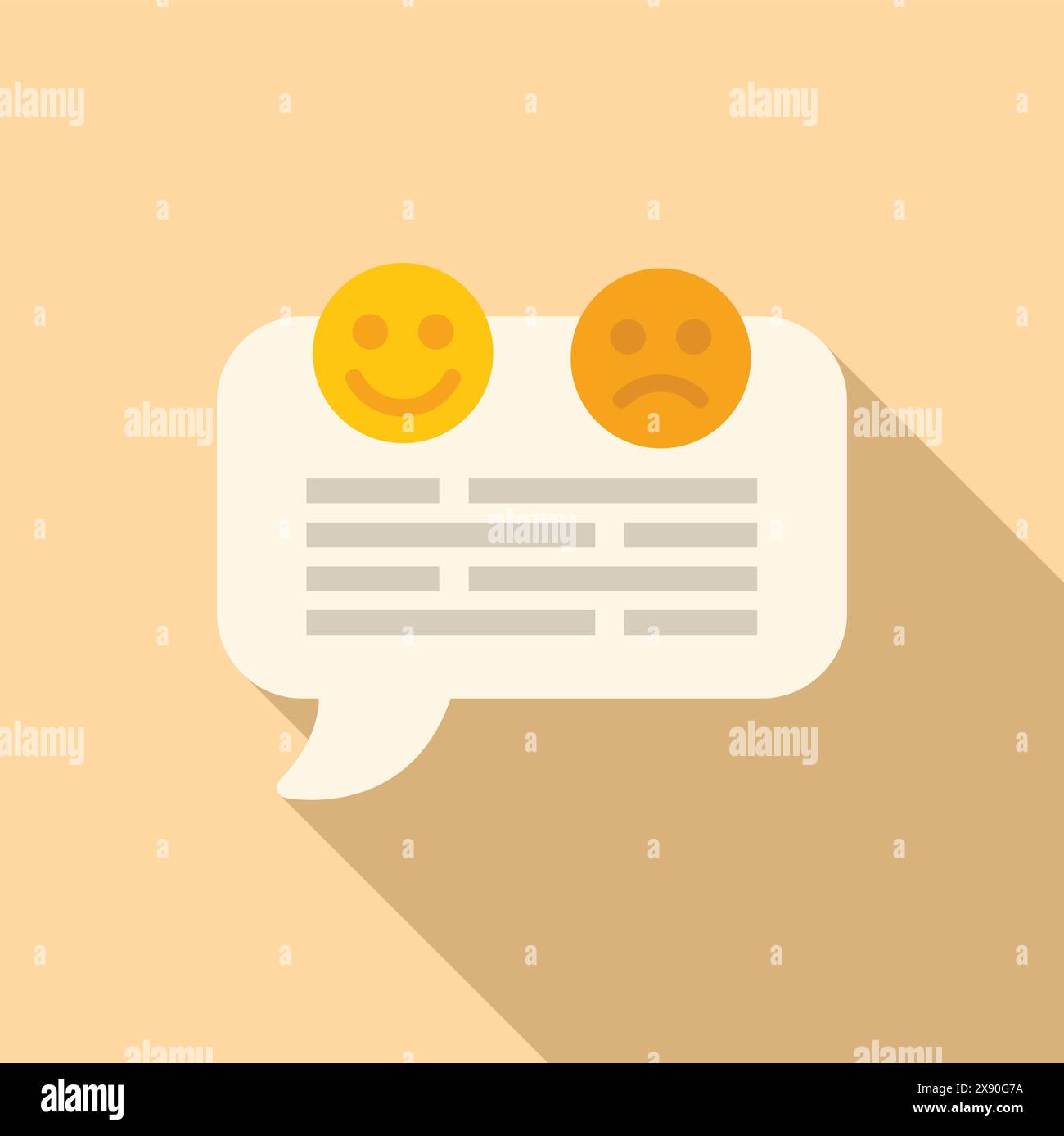 Flat design vector illustration showing a speech bubble with positive and negative smiley icons ...