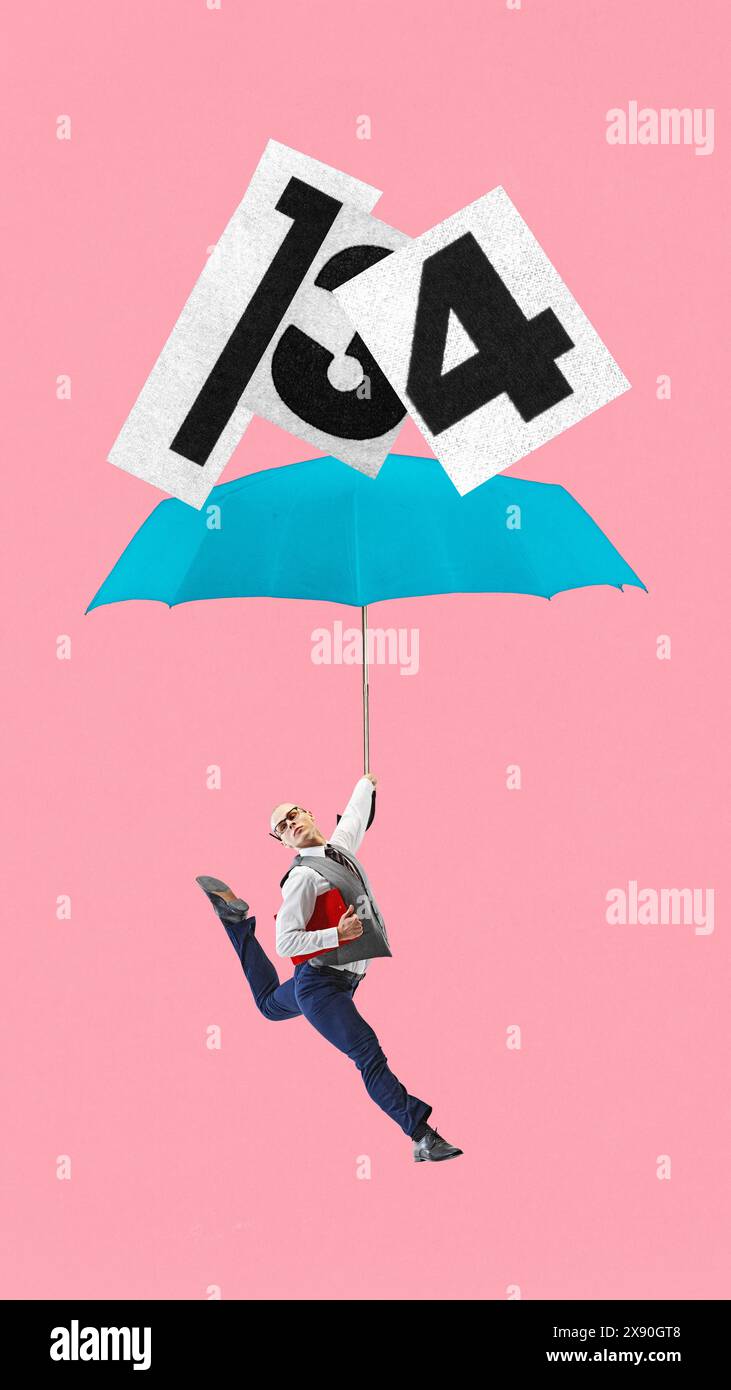 Contemporary art collage. Young man in formal attire flying with ...