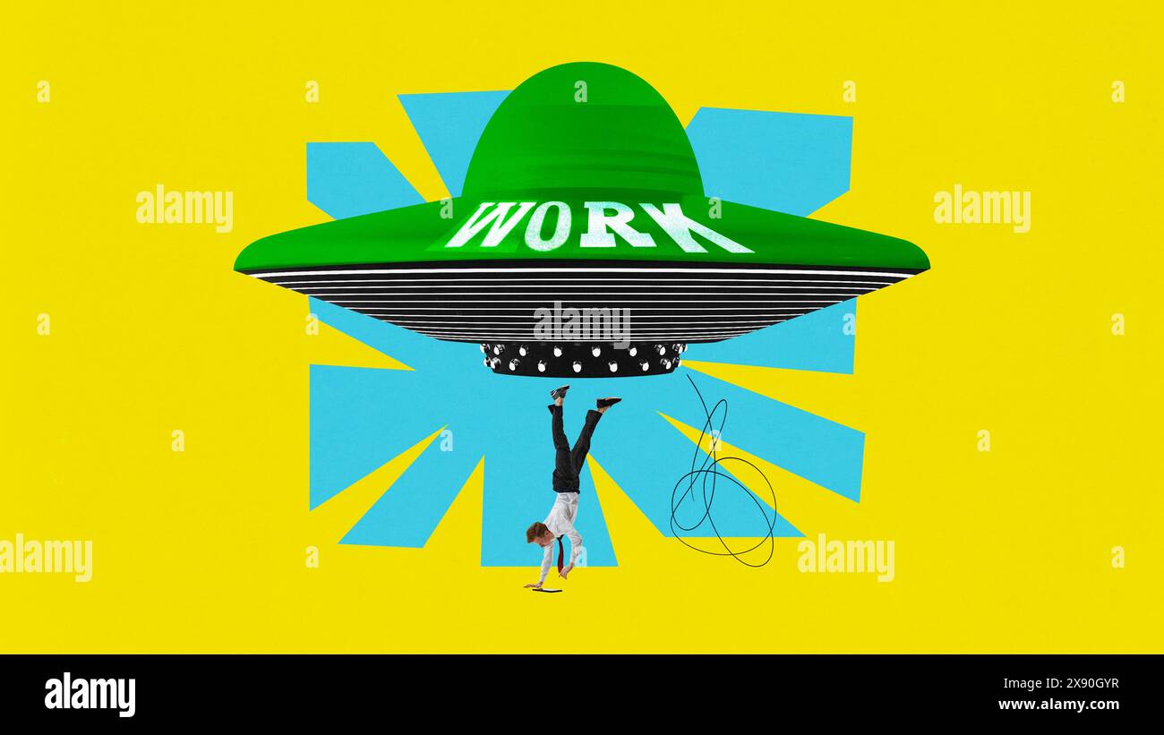 Contemporary art collage. Young man in formal attire want to rest but ...