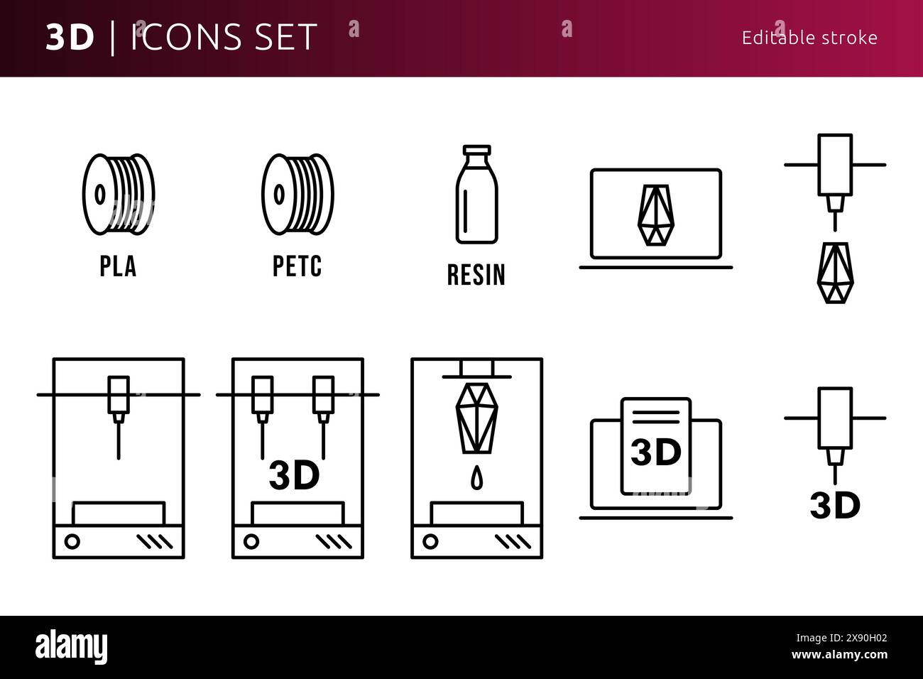3d printer icons designed in line art style can be used for web and print, editable stroke Stock ...